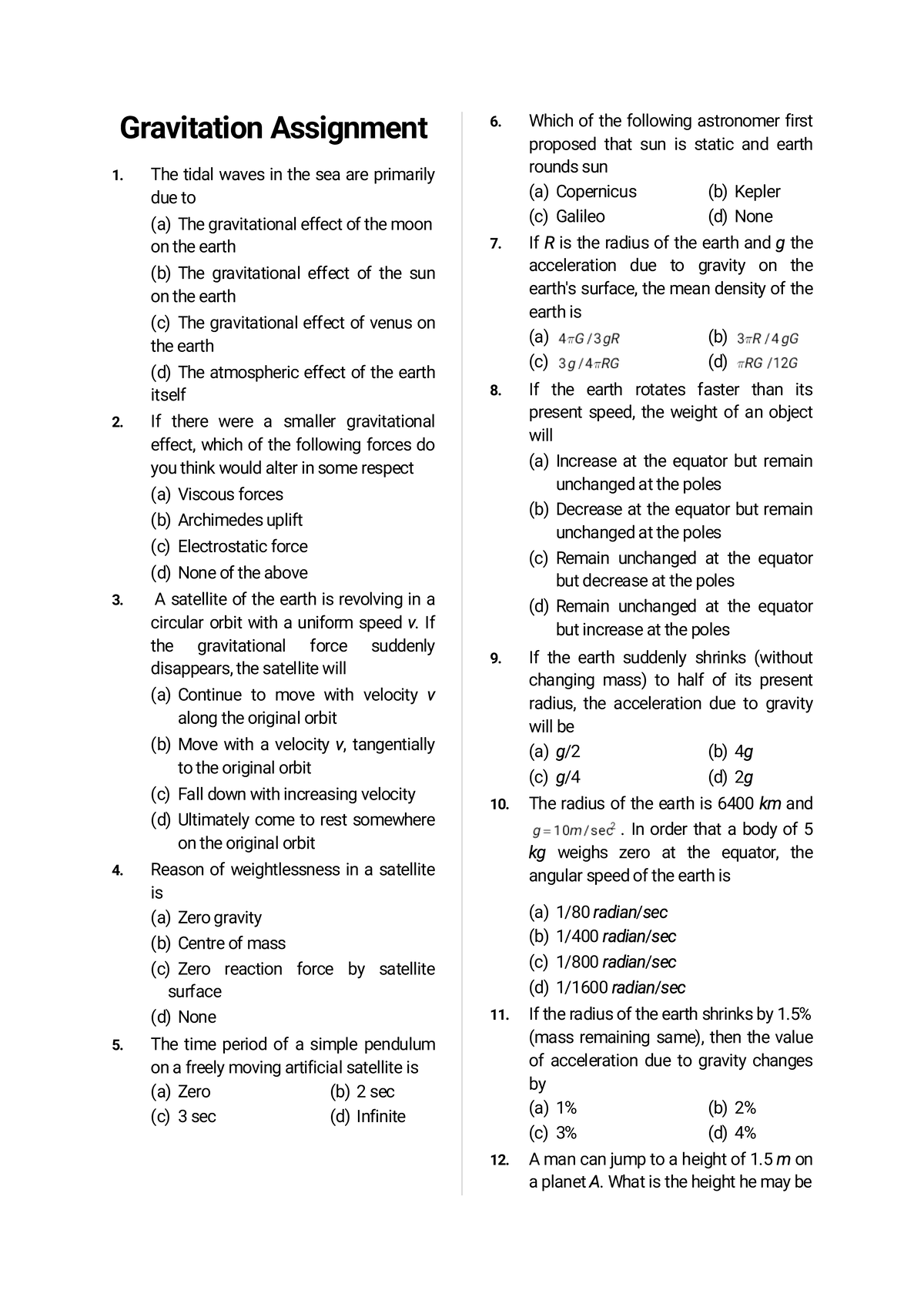 Gravitation Assignment 1 (Physics) - Questions and Concepts - Studocu