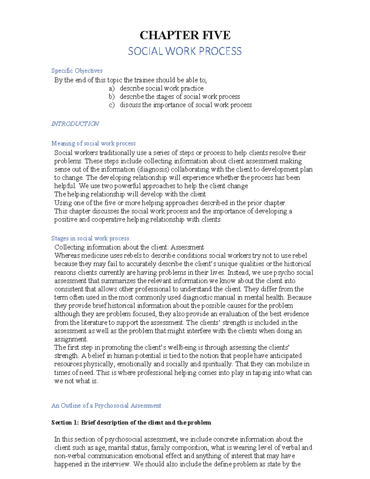 CHAPTER 5: SOCIAL WORK PROCESS AND PRACTICE (SWK 5 & 6) - Studocu