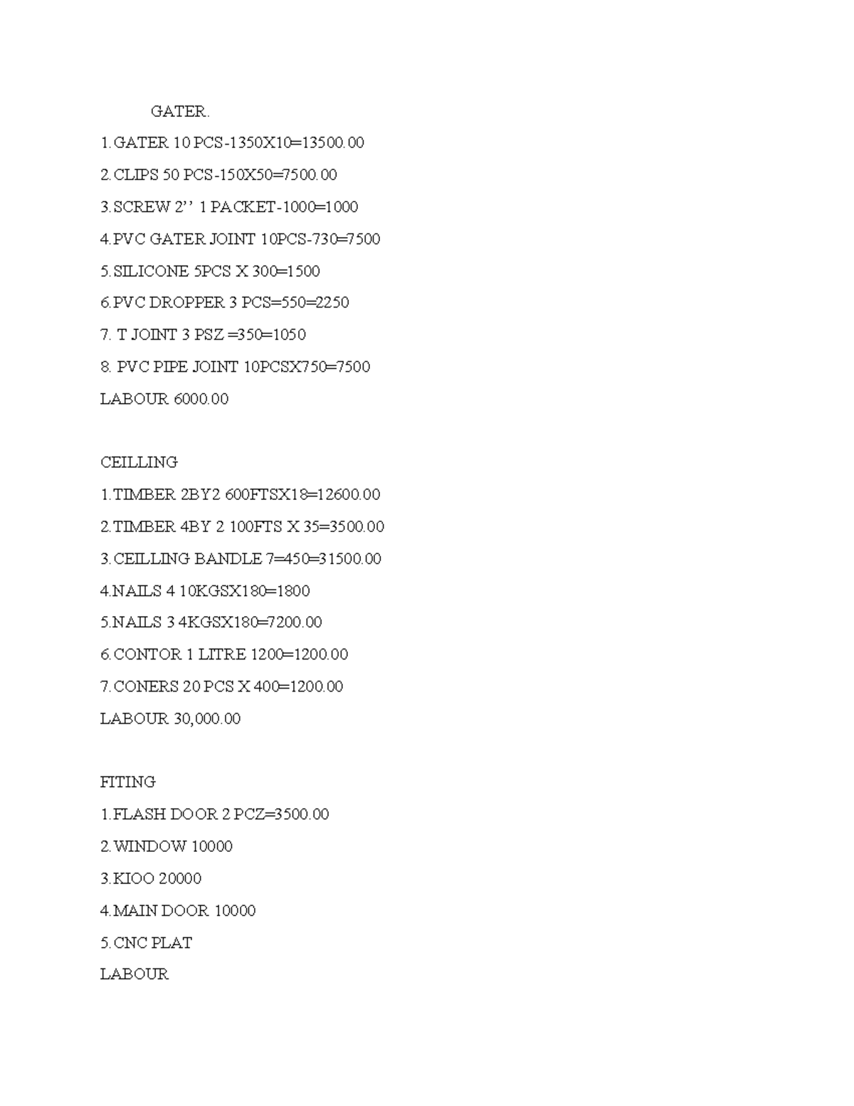 GATER Material Cost Breakdown and Labour Estimates - Studocu