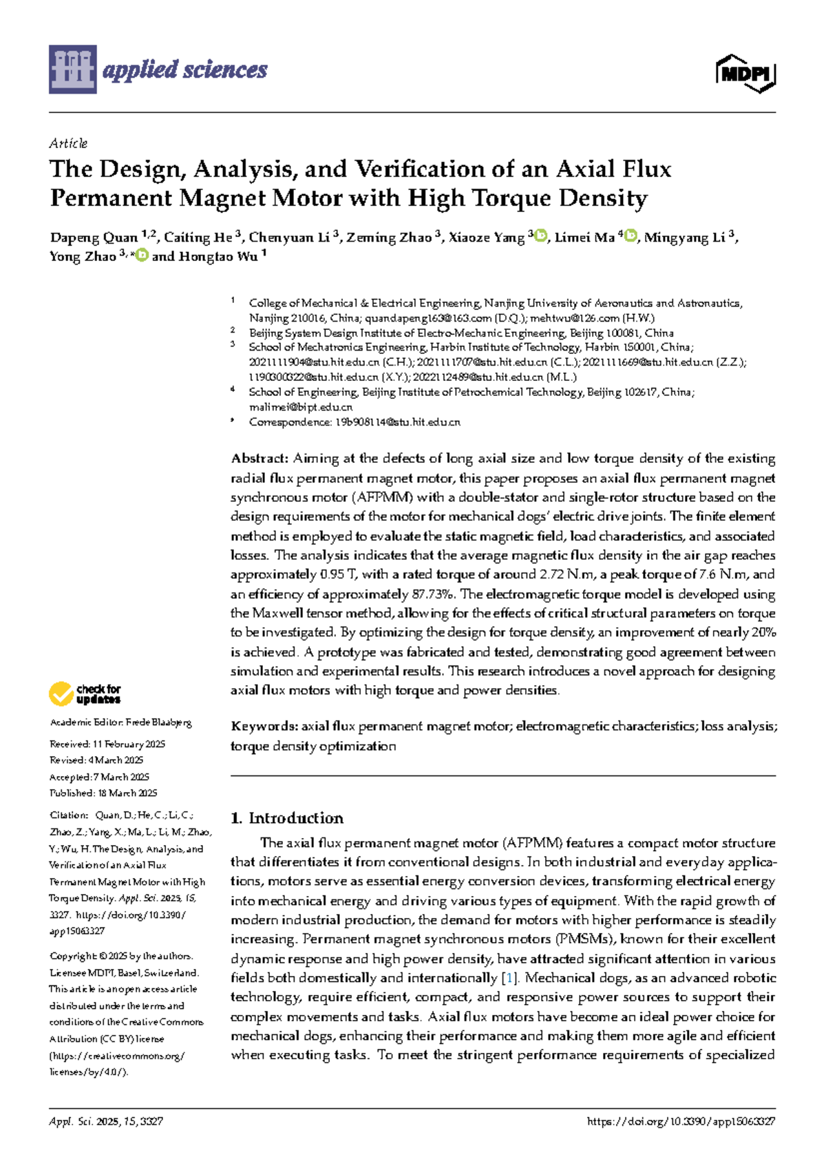 Design and Analysis of High Torque Density Axial Flux Permanent Magnet ...