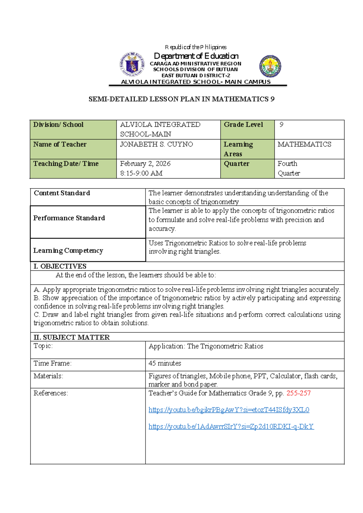 Mathematics 9 Lesson Plan: Trigonometric Ratios Application (LP 45-45 ...