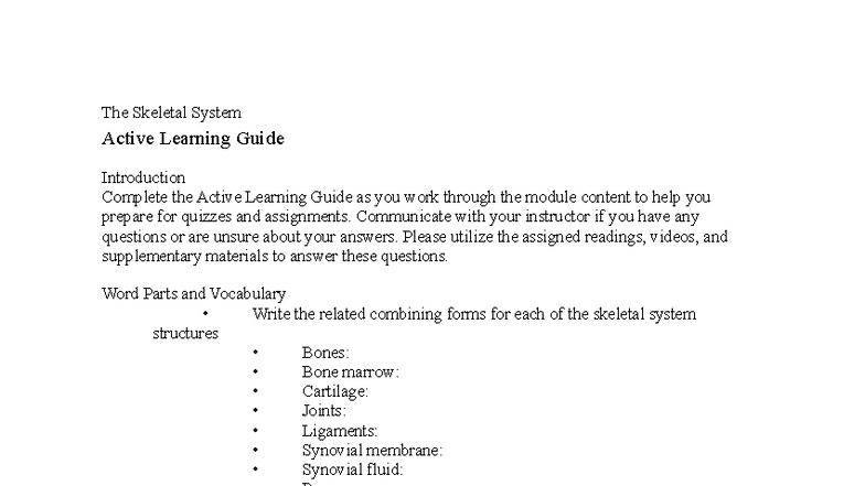 421 Skeletal System Active Learning Guide for Quizzes and Assignments ...