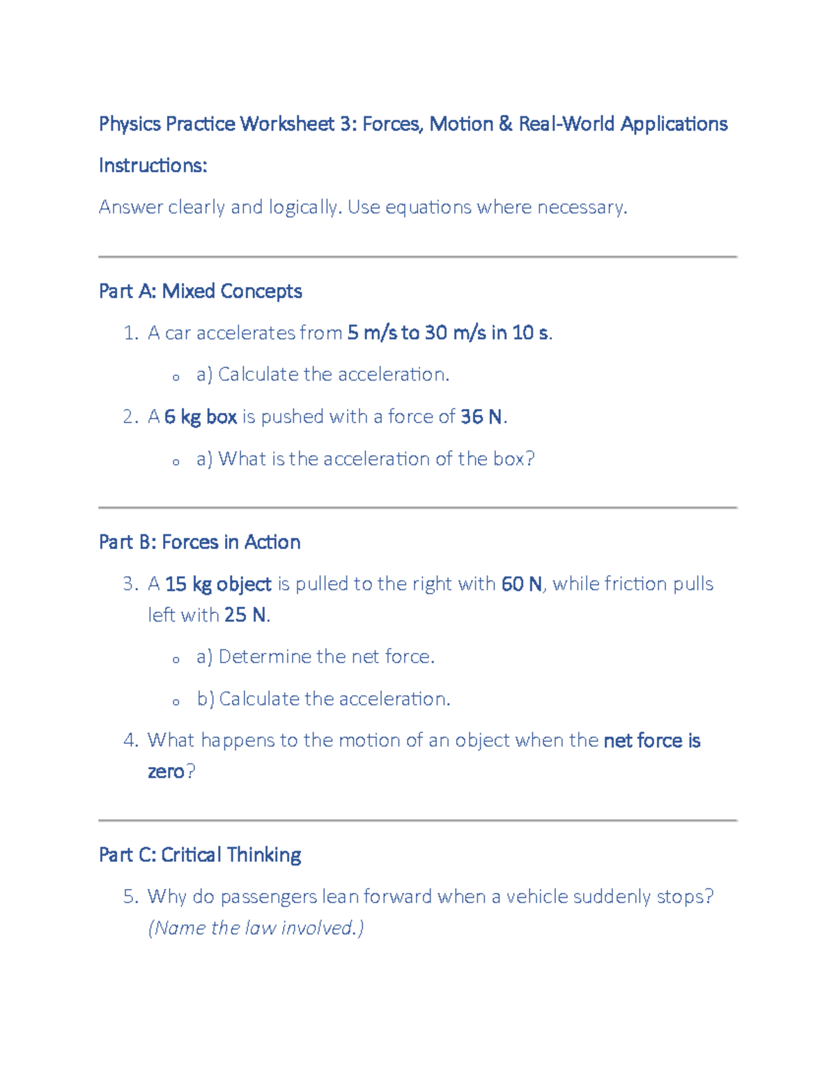 Physics Practice Worksheet 3: Forces & Motion Applications - Studocu