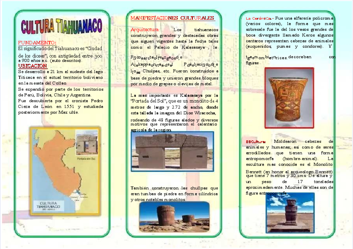 Triptico sobre la Cultura Tiahuanaco: Historia y Manifestaciones - Studocu