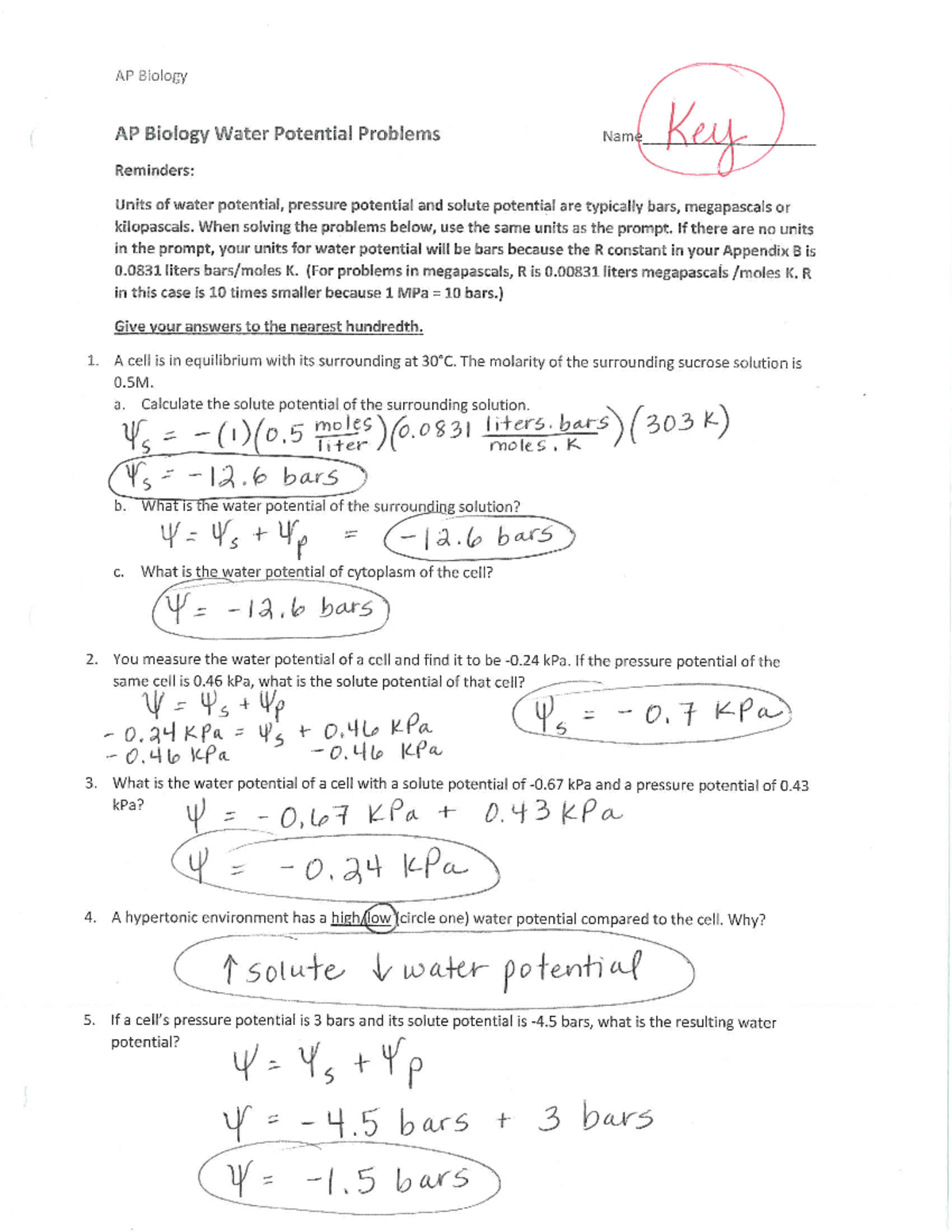 AP Biology Water Potential Problems - Answer Key Guide - Studocu