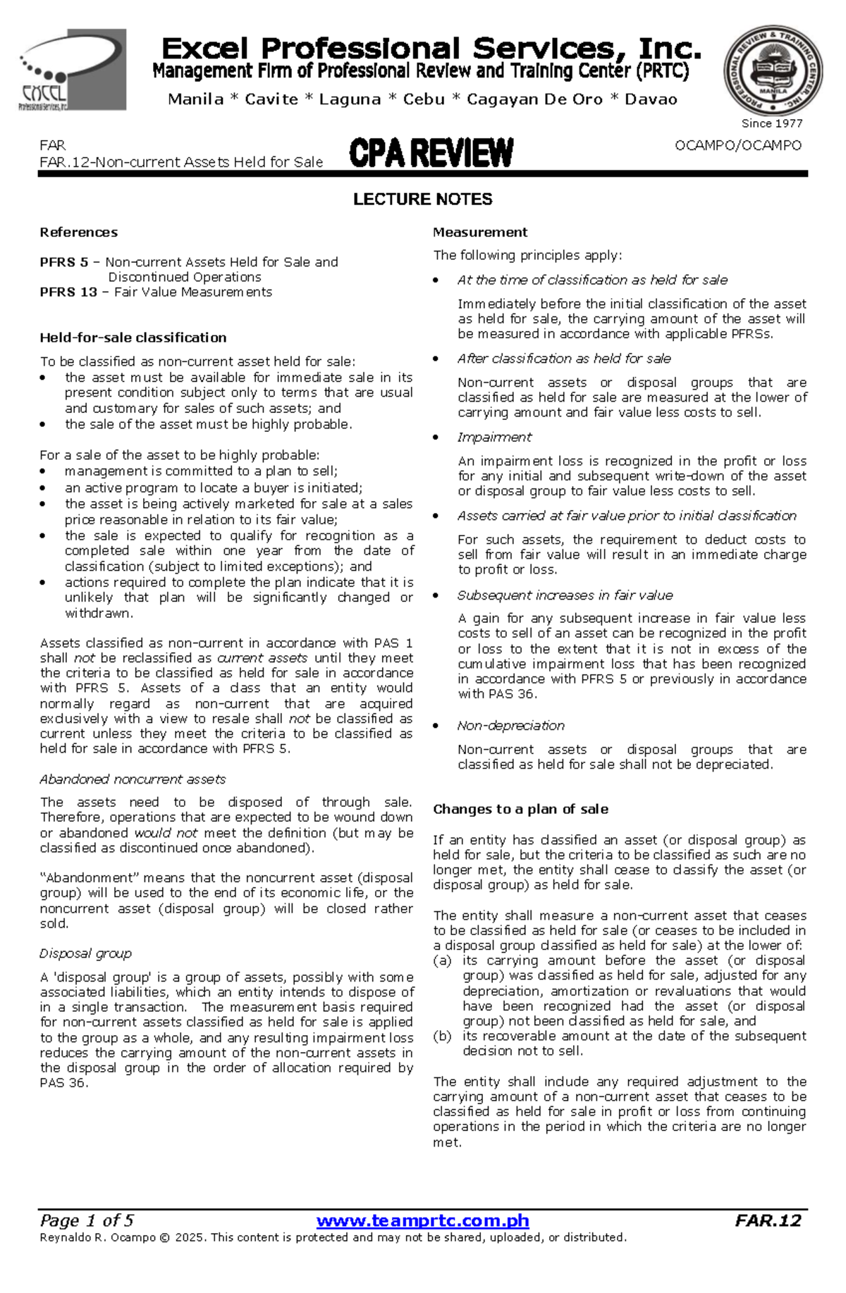 FAR.12 Lecture Notes on PFRS 5: Assets Held for Sale and Measurement ...