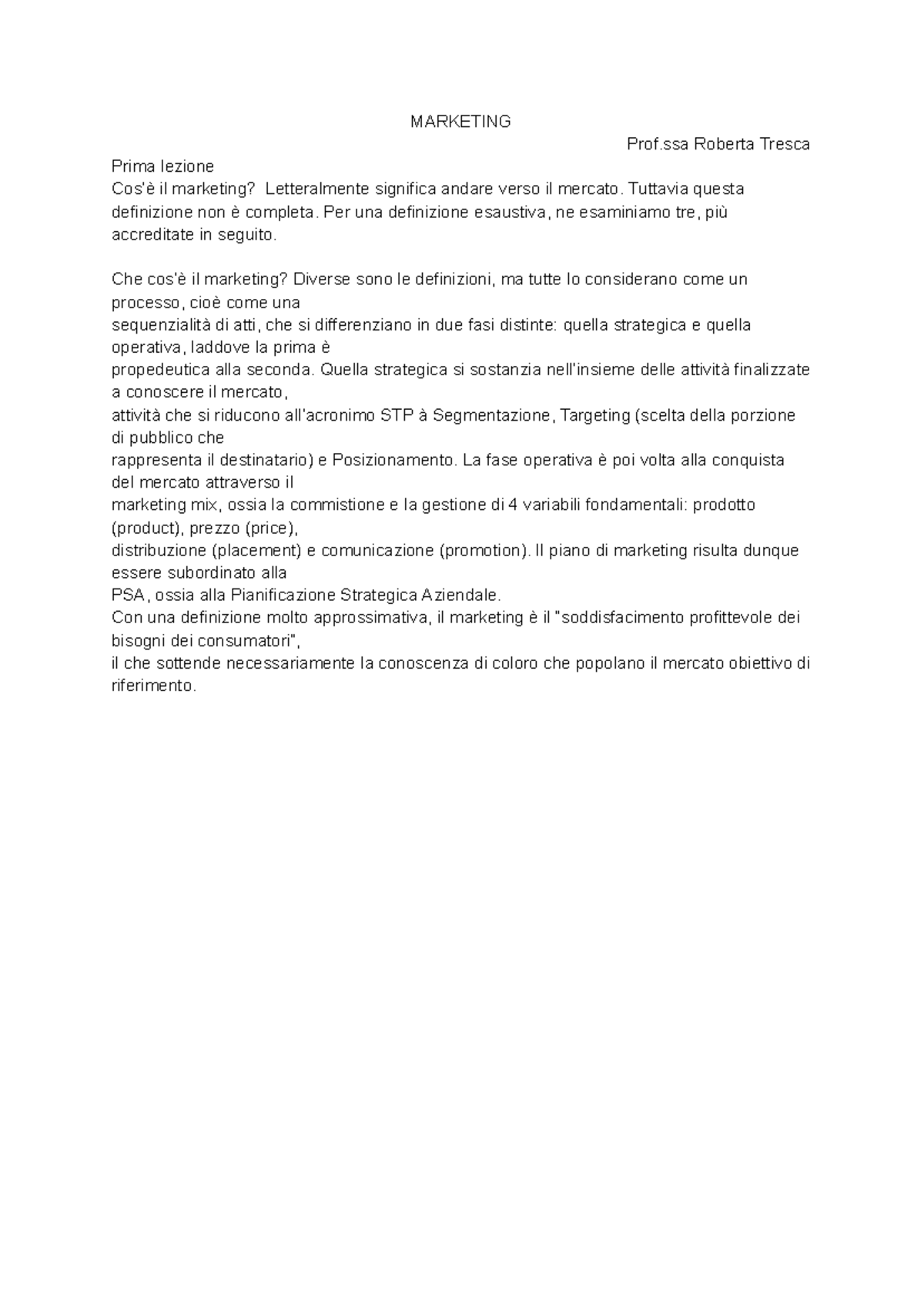 Marketing Lezione 1: Introduzione e Definizioni Fondamentali - Studocu