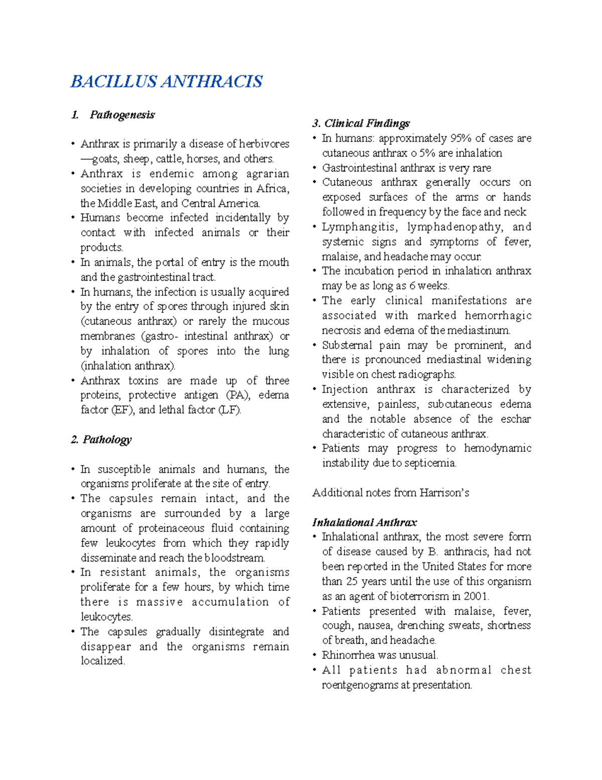 Bacillus- Bacillus Anthracis - BACILLUS ANTHRACIS 1. Pathogenesis ...