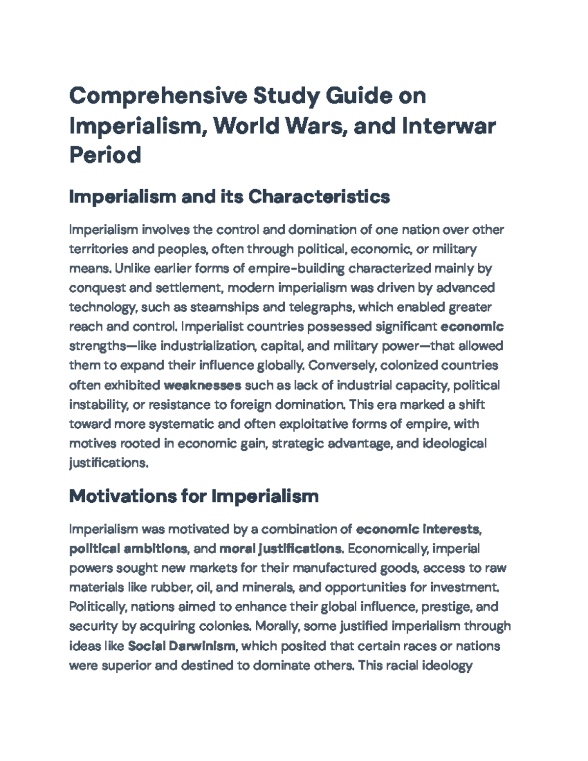 Comprehensive Study Guide: Imperialism, WWI, WWII & Interwar Period ...