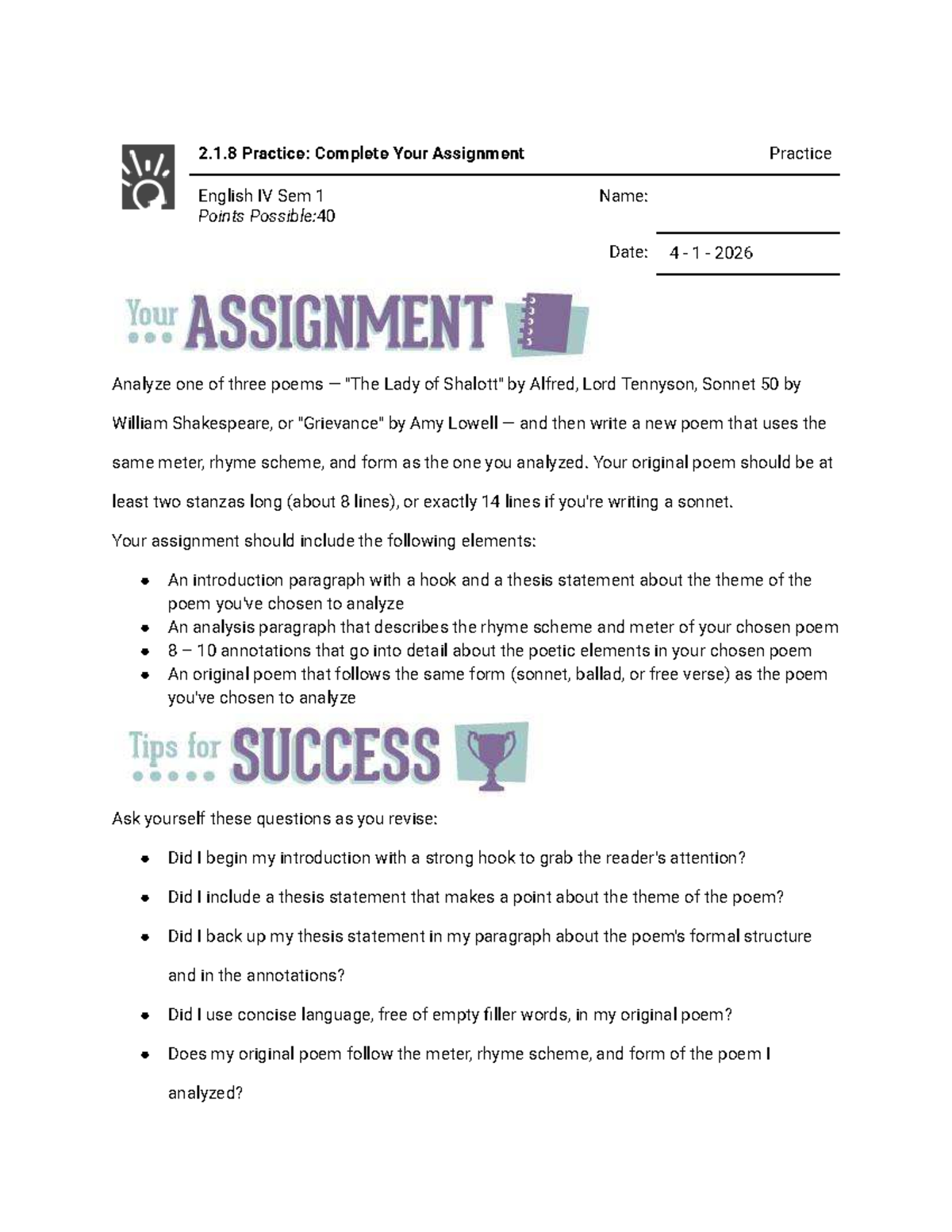 APEX 2.1.8 Practice: Analyzing and Creating Poetry Assignment - Studocu