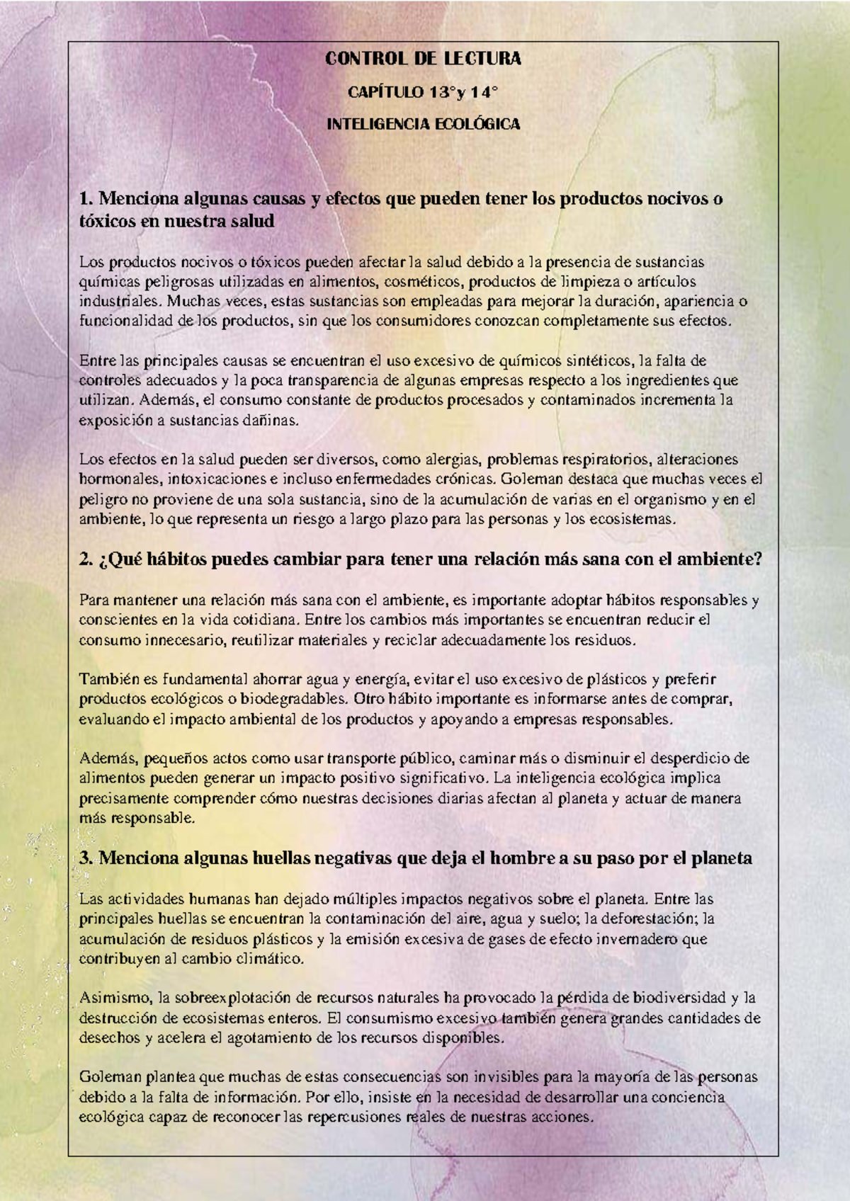 CONTROL DE LECTURA CAPÍTULO 13-14: INTELIGENCIA ECOLÓGICA - Studocu