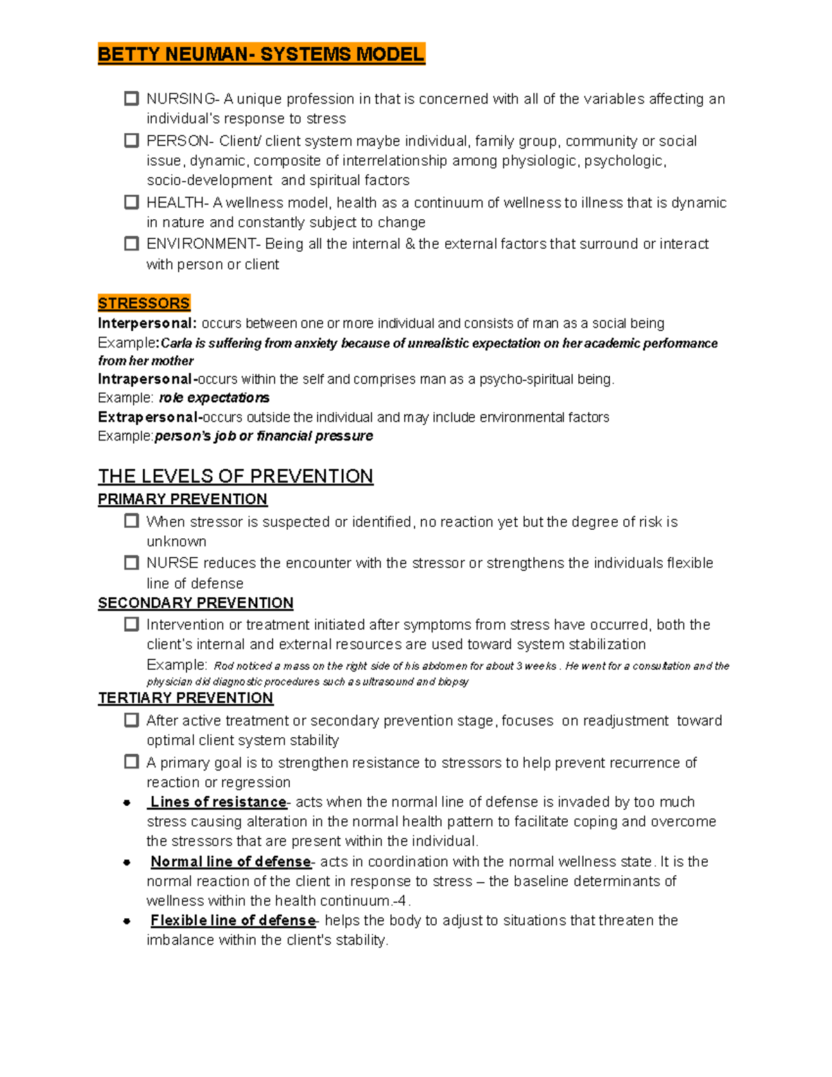 Neuman Systems Model: Understanding Stress Responses in Nursing - Studocu