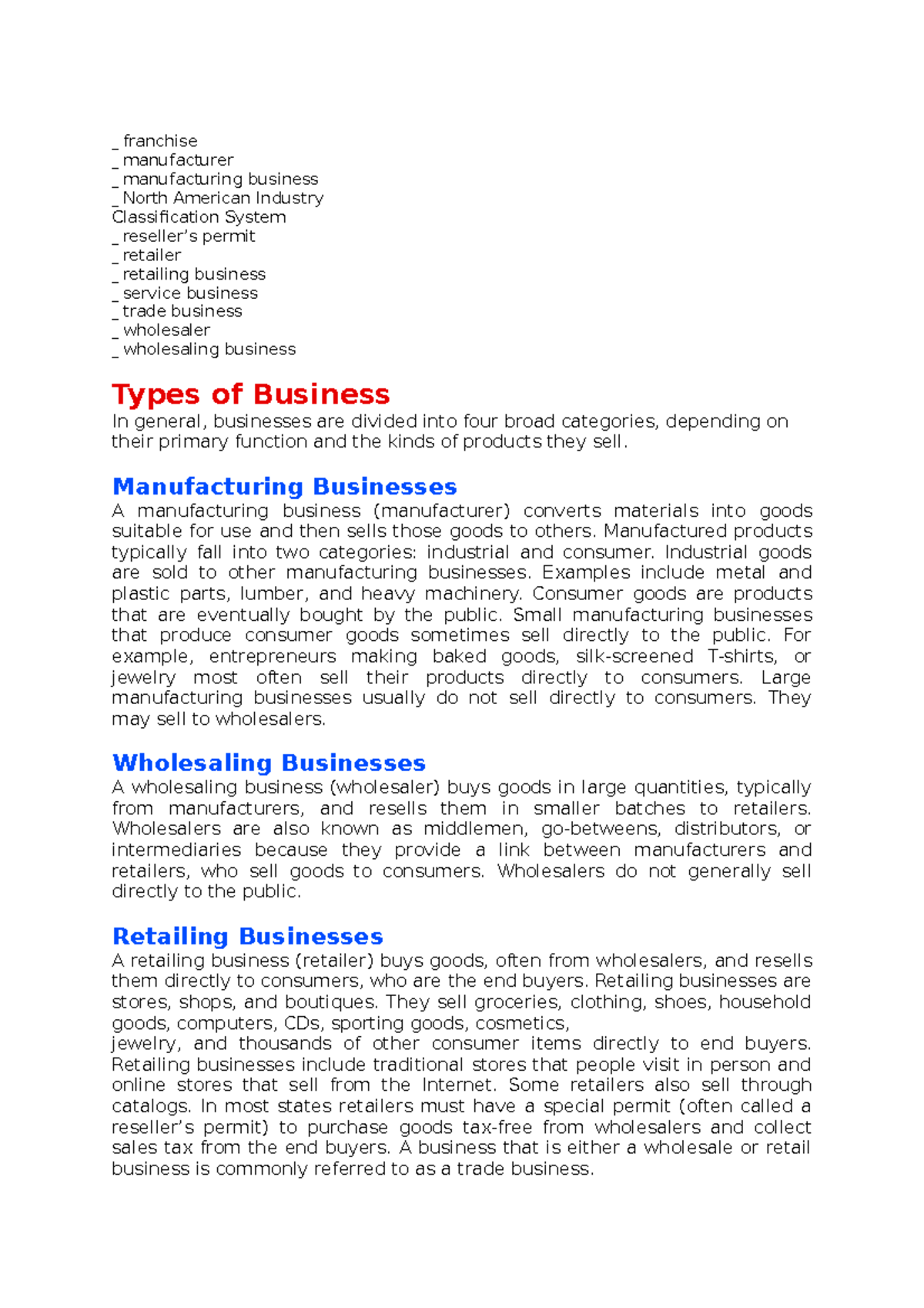 Types of Businesses: Manufacturing, Retailing & Service Sectors ...