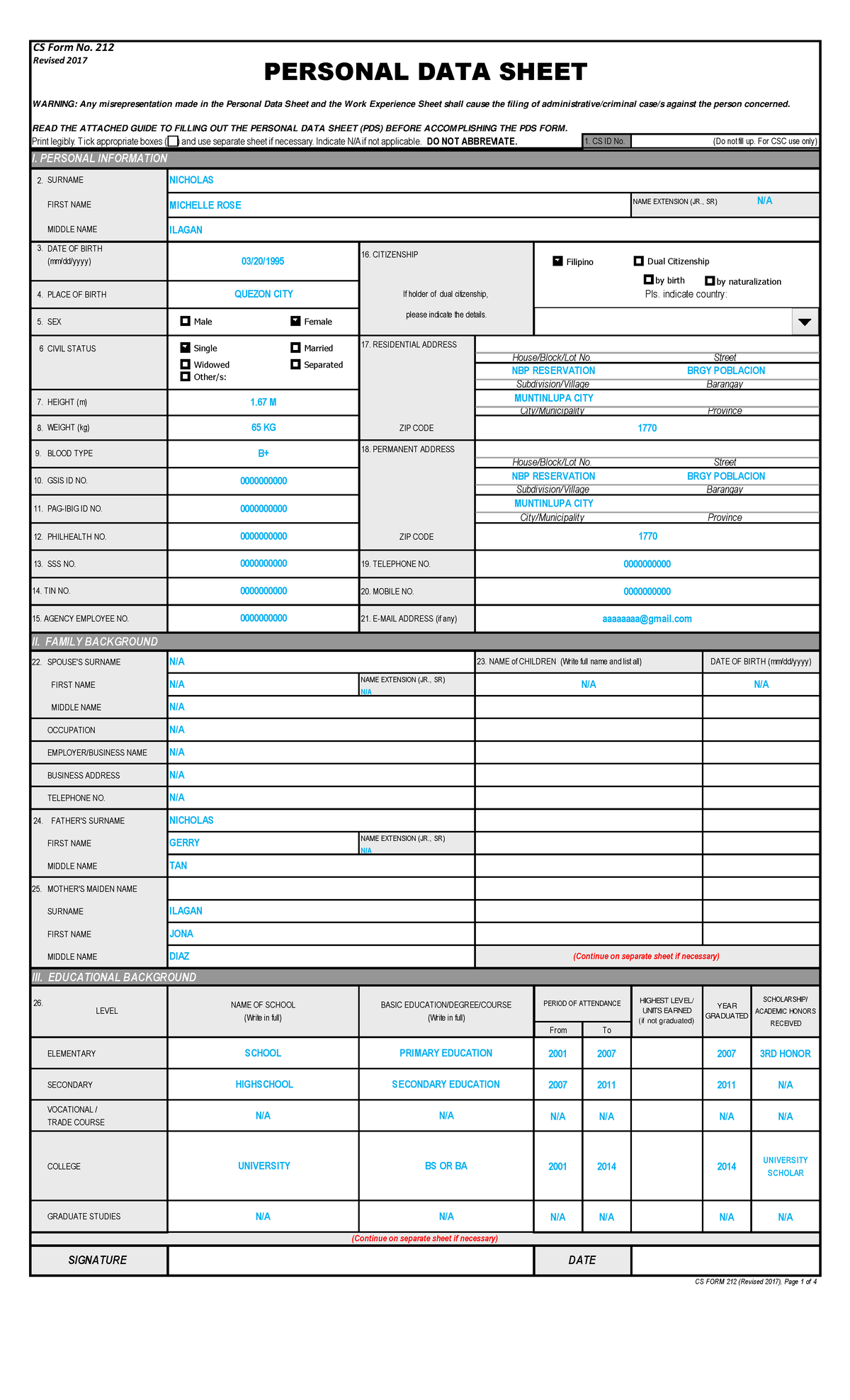 PDS Form Sample - Employee Information (CS Form 212) - Studocu