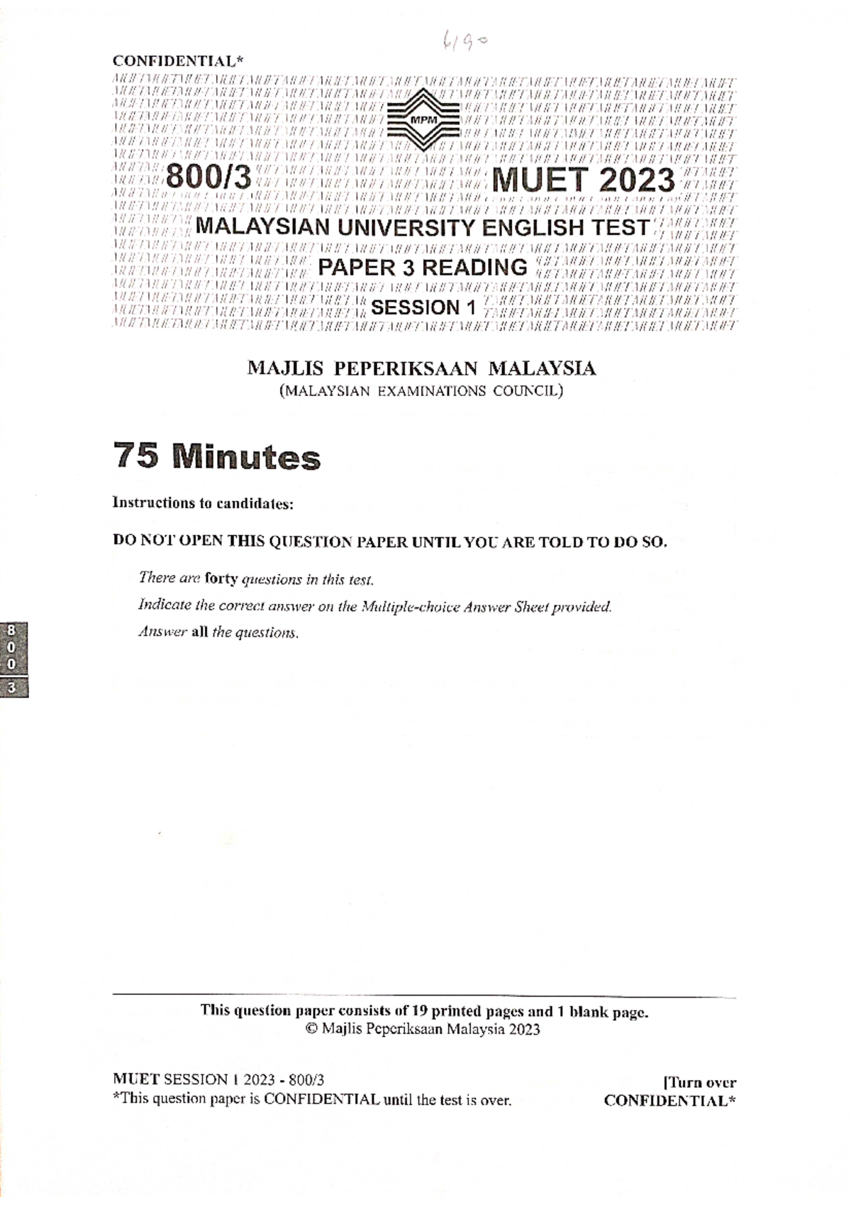 MUET 2023 Session 1 - Reading - 6190 MPM MUET 2023 LIETMUET MALAYSIAN ...