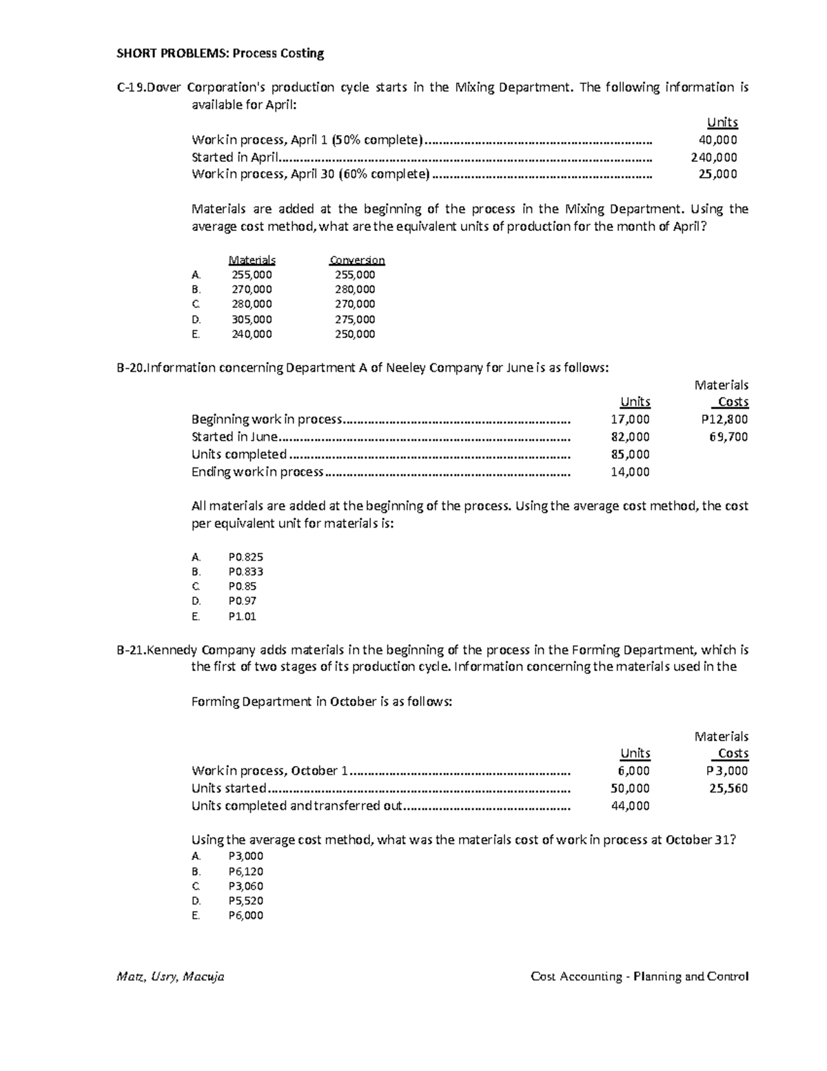 Process Costing Practice Problems - Review and Solutions - Studocu