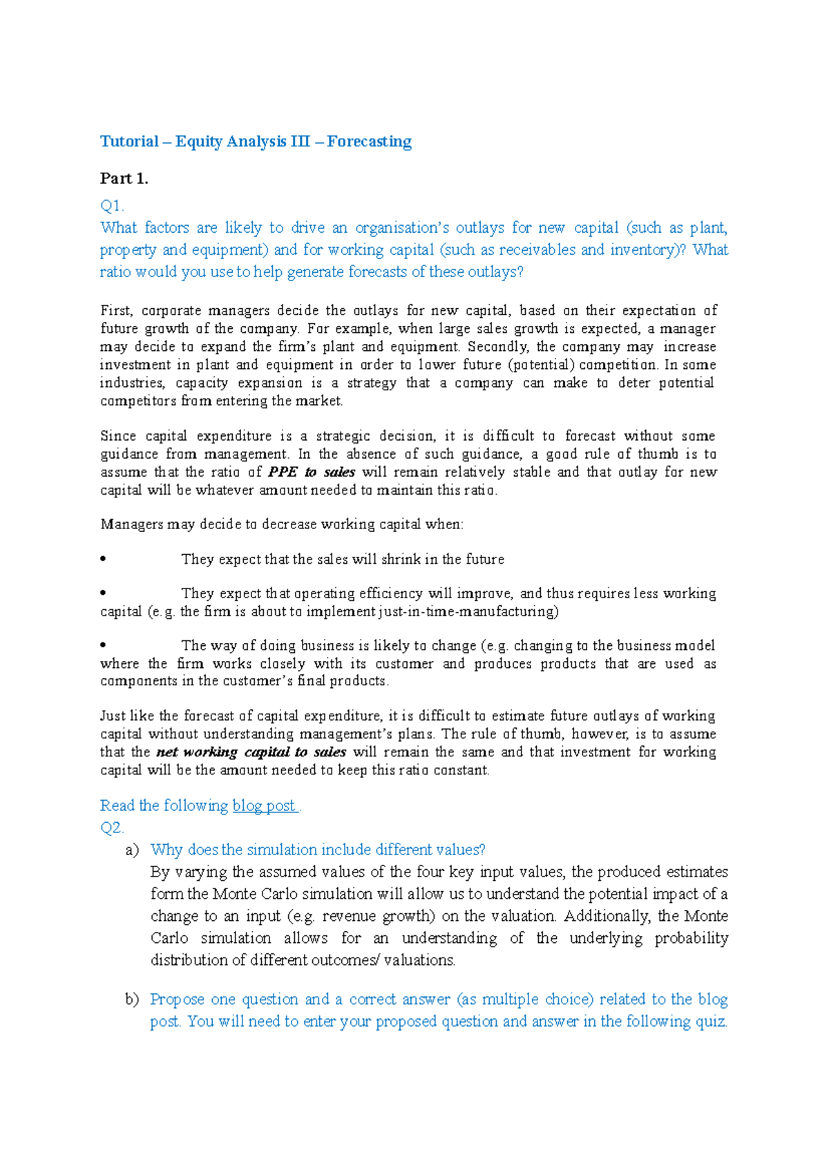 Tutorial 7 Solutions - Tutorial – Equity Analysis III – Forecasting ...