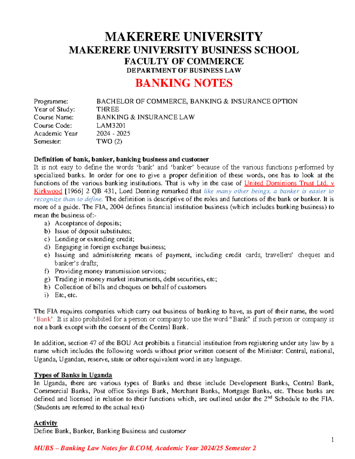 Banking Law Notes for B.COM LAM3201, Academic Year 2024-25 SEM 2 - Studocu
