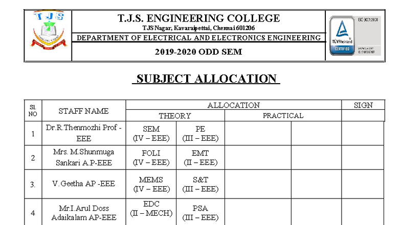 Subject Allocation - ODD SEM (2019-20) - T.J.S. Engineering College ...