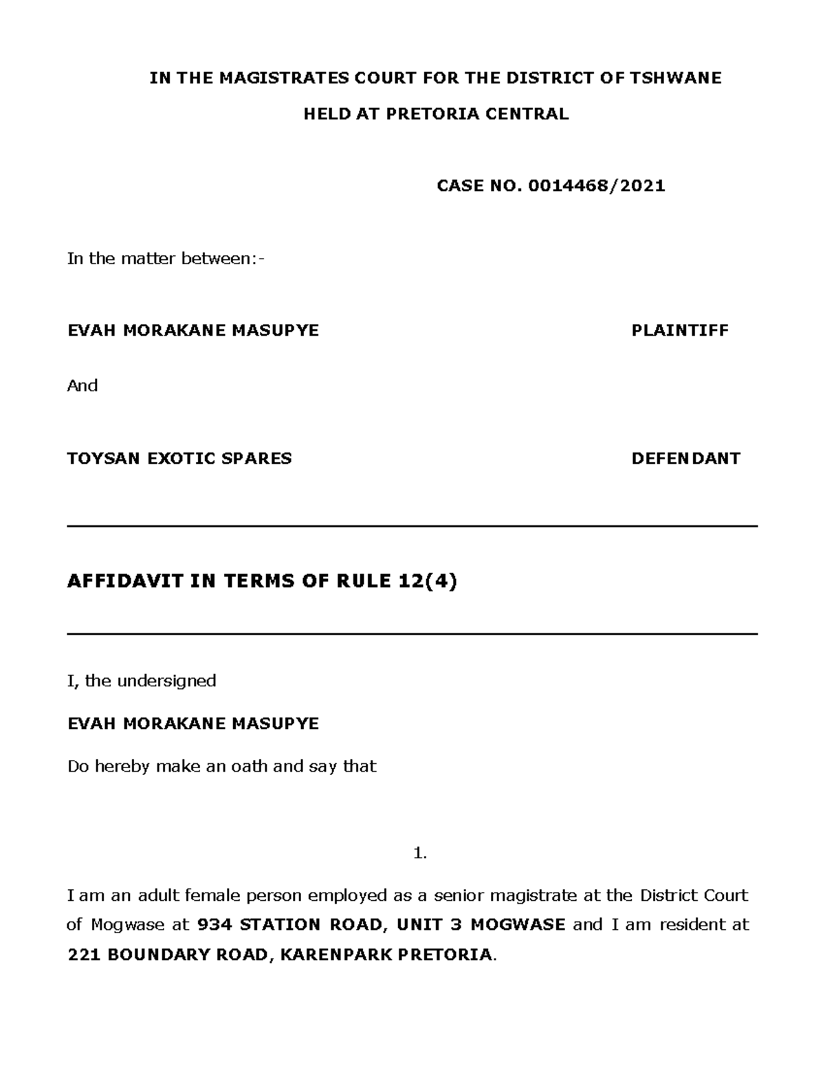 Affidavit in Terms of Rule 12(4) - Case No. 0014468/2020 - Studocu