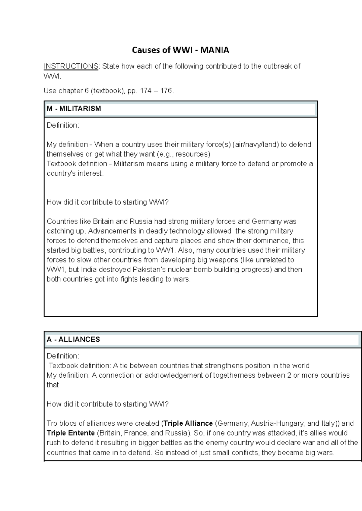 Causes of WWI: Analyzing MANIA - History 10 Notes - Studocu