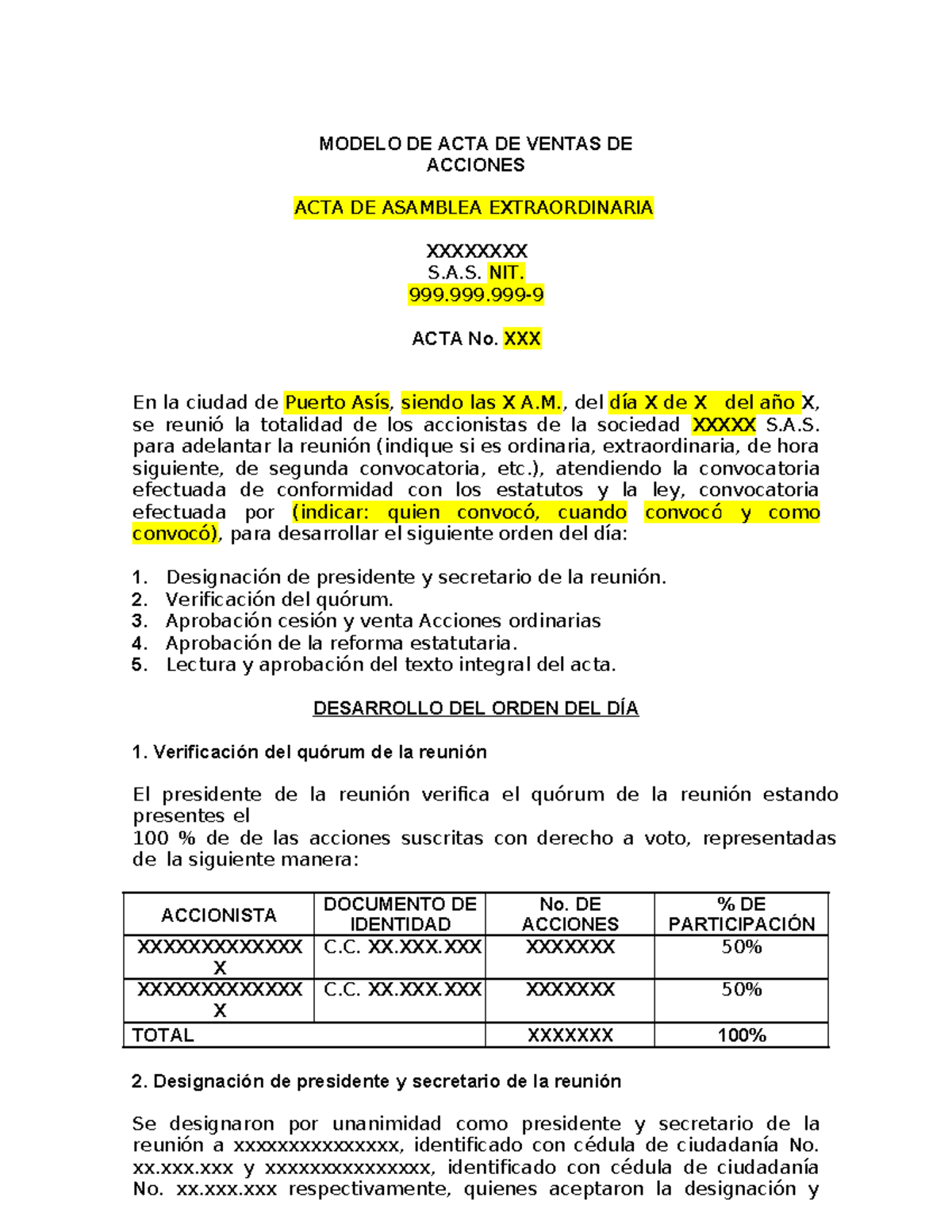 Modelo de Acta de Venta de Acciones - Asamblea Extraordinaria S.A.S ...