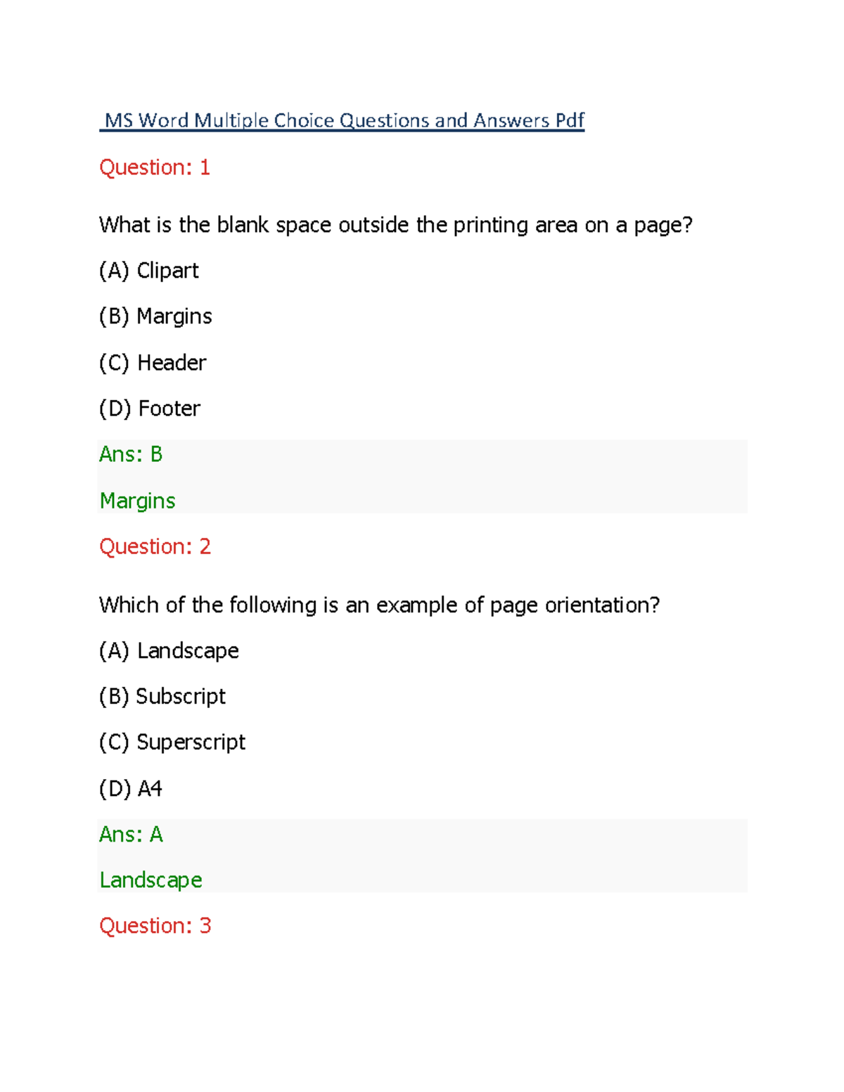 Ms word multiple choice questions answers - MS Word Multiple Choice ...
