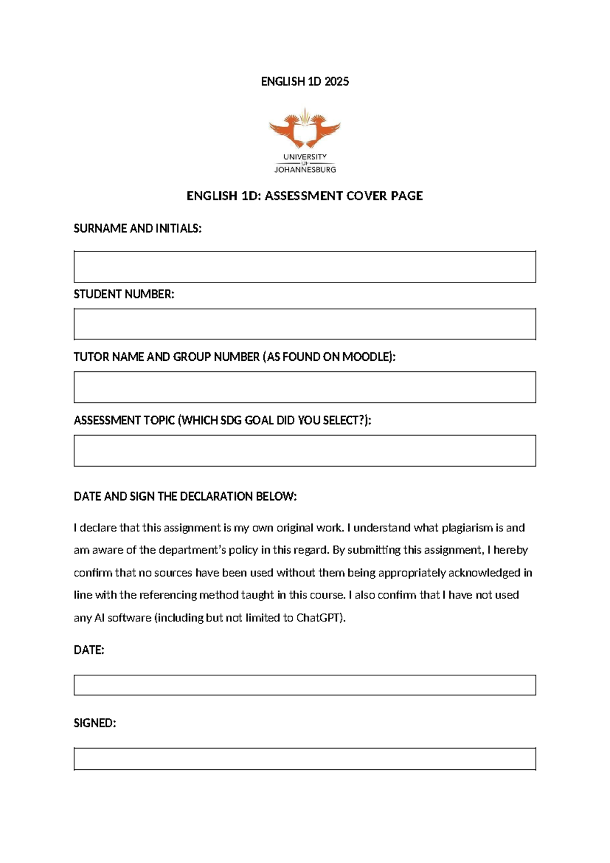 ENGLISH 1D 2025: Cover Page for Assessment Submission - Studocu