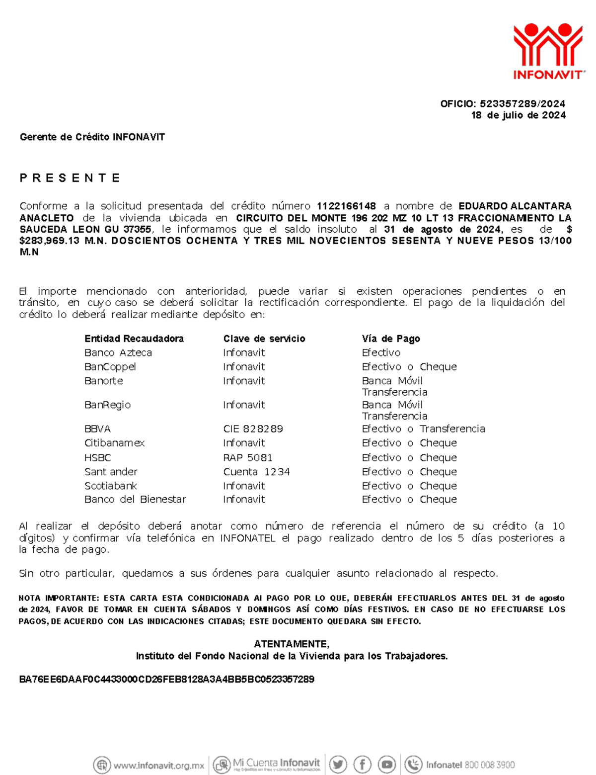 Carta de Saldo Insoluto INFONAVIT - Crédito #1122166148 - Studocu