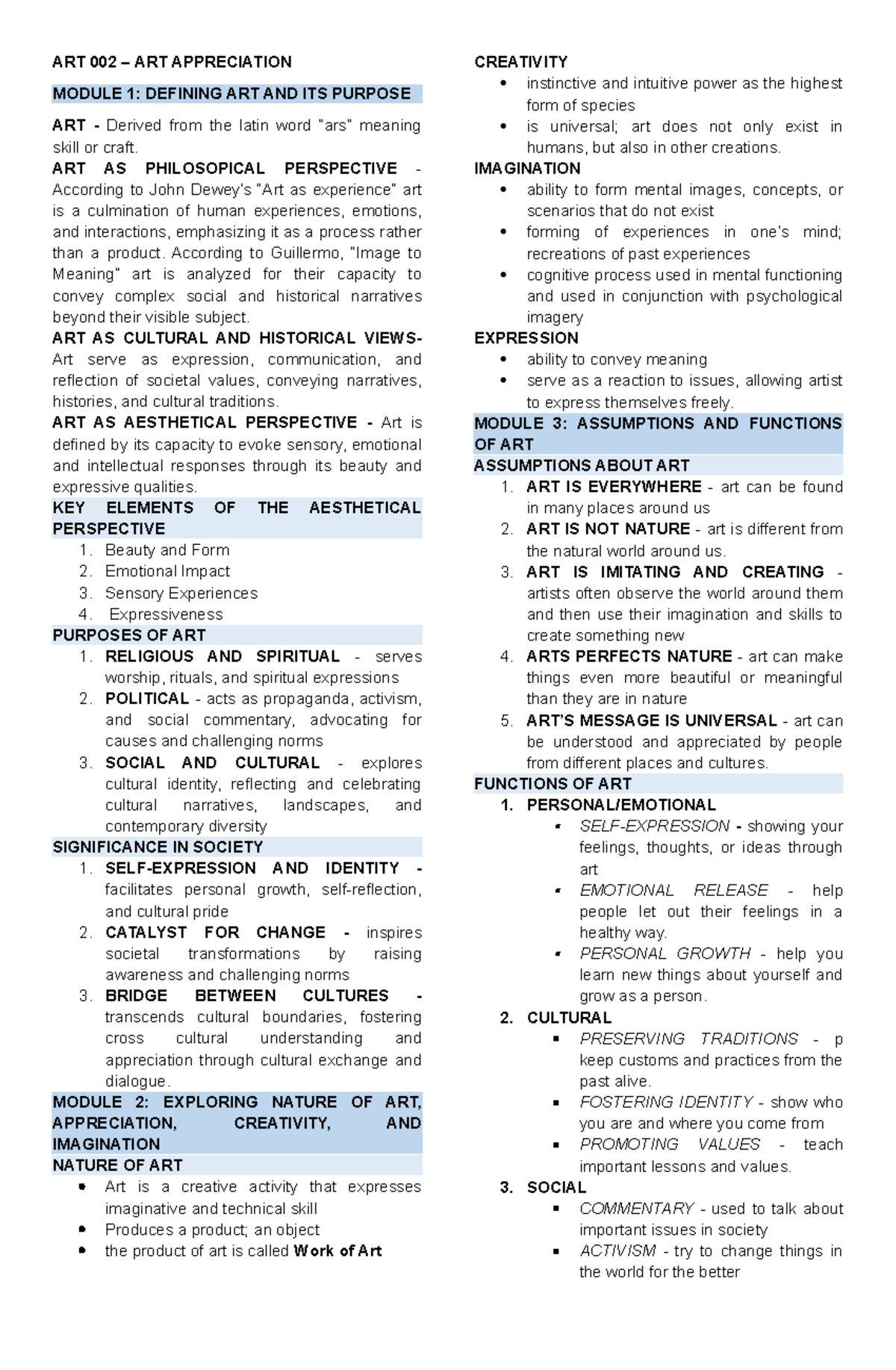 ART 002 - Appreciation of Art: Modules 1-5 Overview and Insights - Studocu