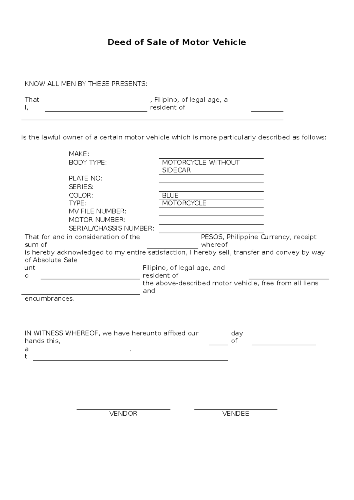 Deed of Sale for Motorcycle - Authorization Letter - Studocu