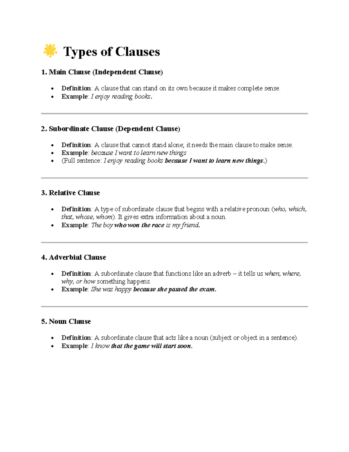 Types of Clauses: Main, Subordinate, Relative, Adverbial, Noun - Studocu
