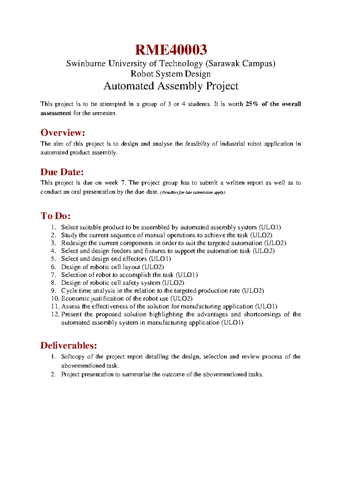 RME40003 Automated Assembly Project Overview and Guidelines - Studocu