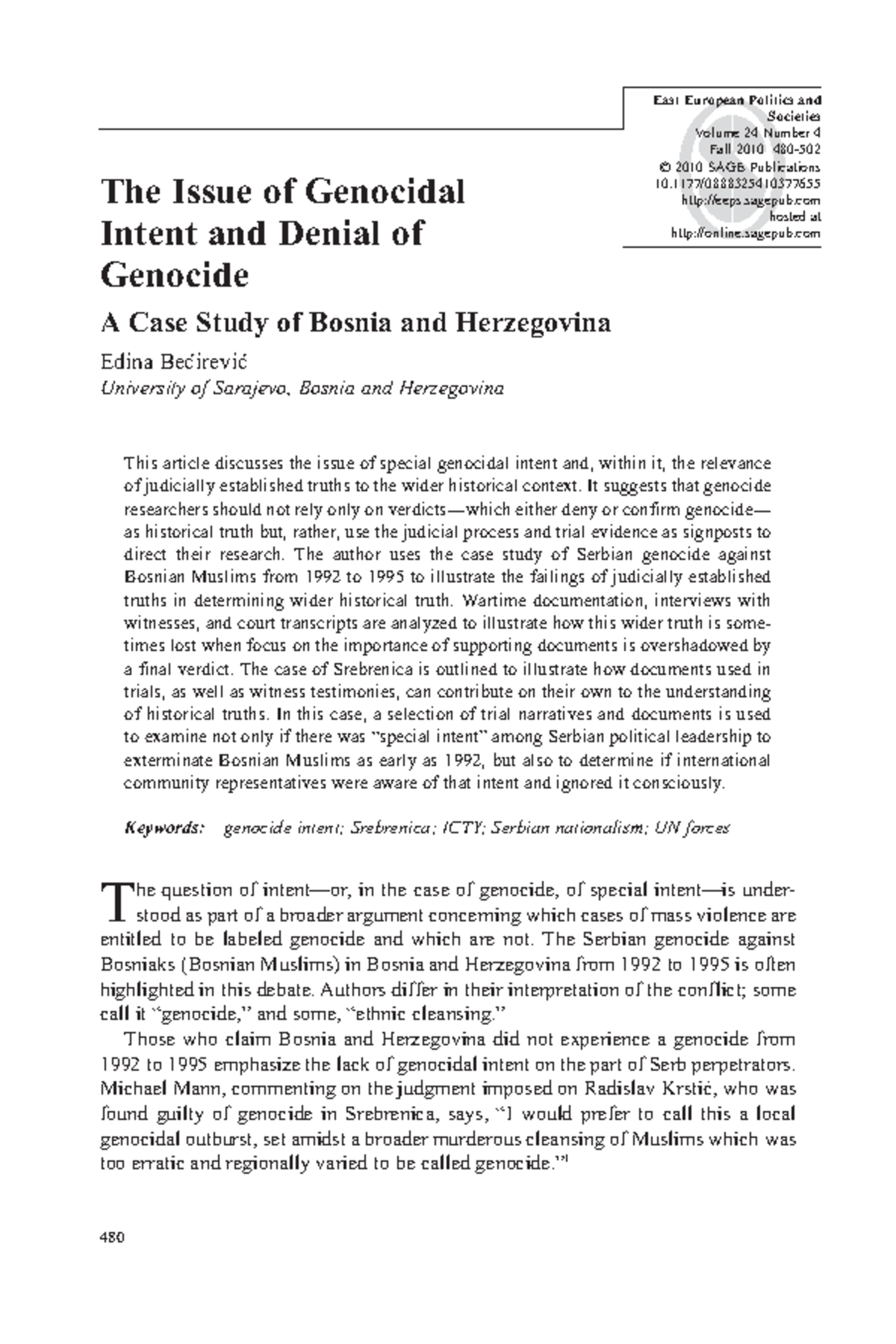 The Issue of Genocidal Intent and Its Denial: A Case Study (EPP 480 ...