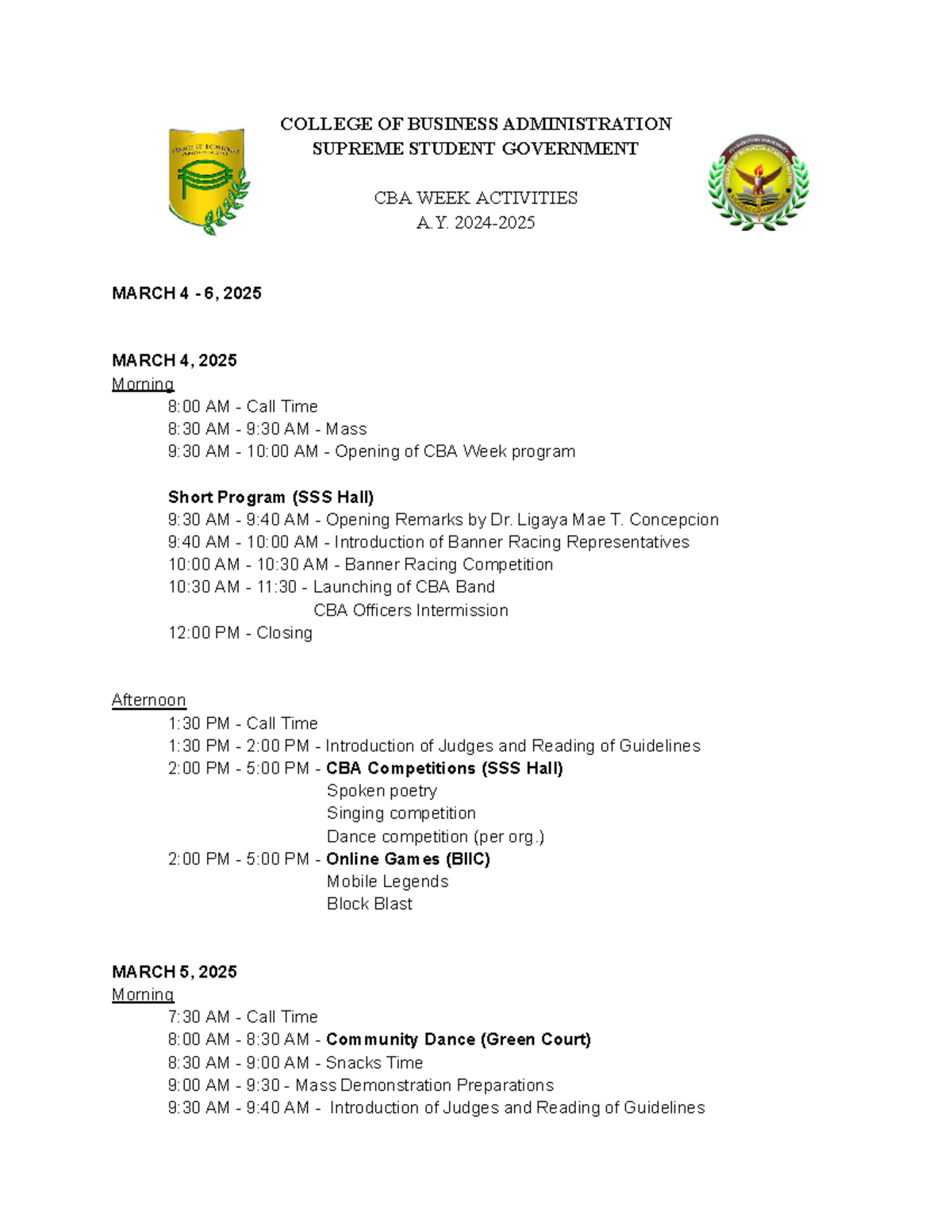 2025 Activities - COLLEGE OF BUSINESS ADMINISTRATION SUPREME STUDENT ...