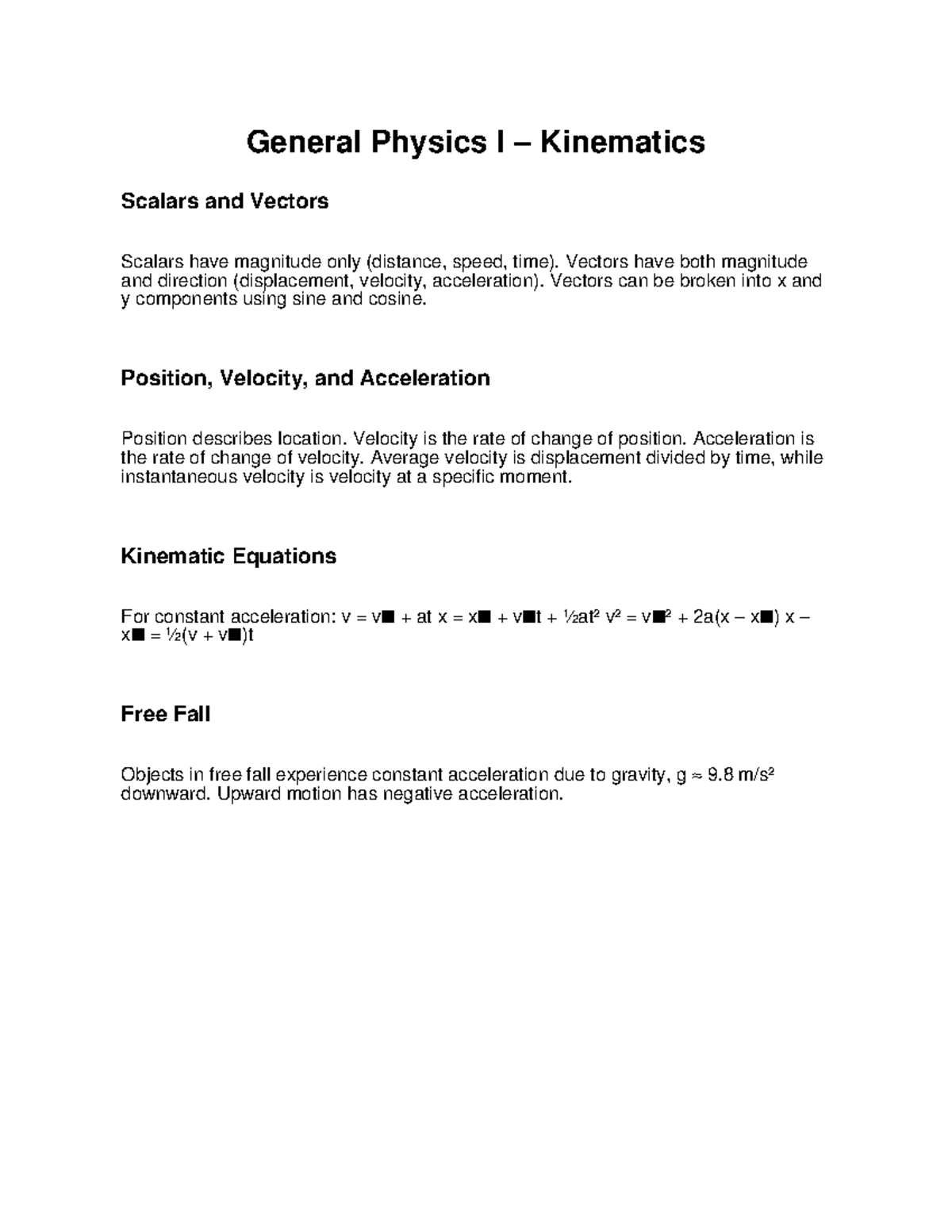 Physics I Kinematics Notes: Scalars, Vectors, and Motion Concepts - Studocu