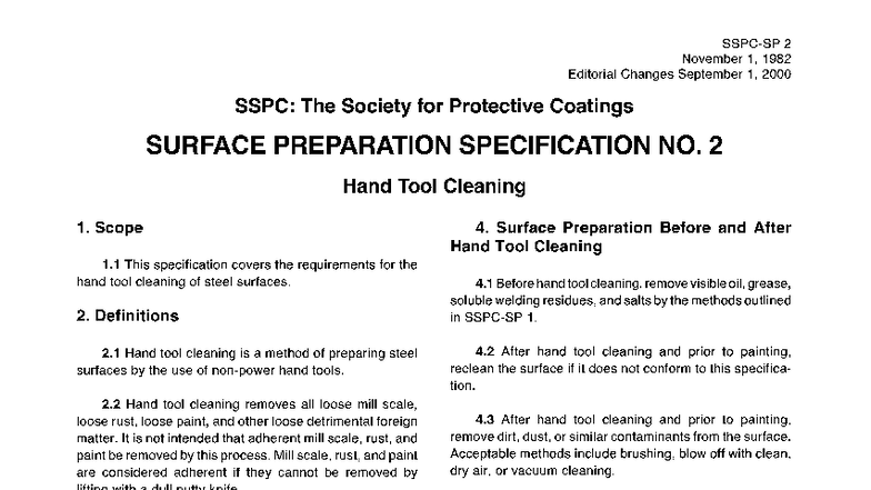 SSPC-SP2: Hand Tool Cleaning Specification for Steel Surfaces - Studocu