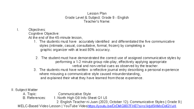Grade 9 English Lesson Plan: Understanding Communicative Styles - Studocu