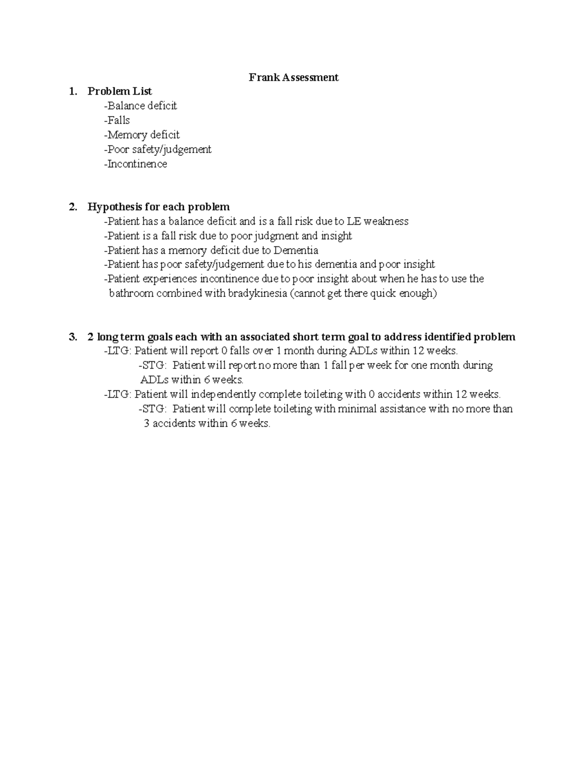 Frank 1 : - patient simulation occupational therapy - Frank Assessment ...