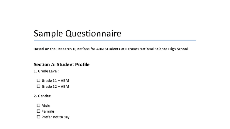 ABM Student Academic Challenges Questionnaire for BNSHS - Studocu