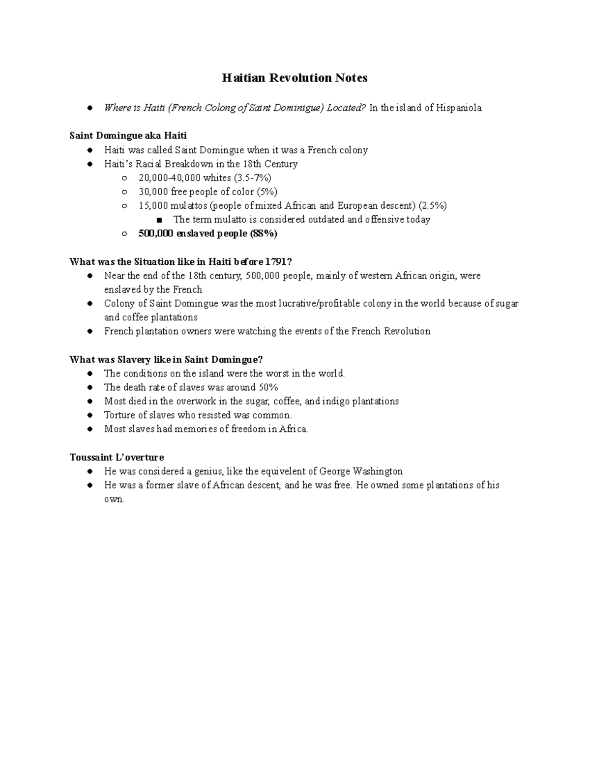 Haitian Revolution Lecture Notes (1/8/23) - Overview & Key Figures ...