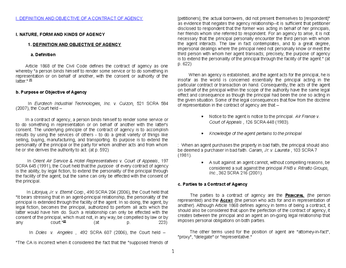 283433582 Agency Contract Overview and Key Concepts Notes - Studocu