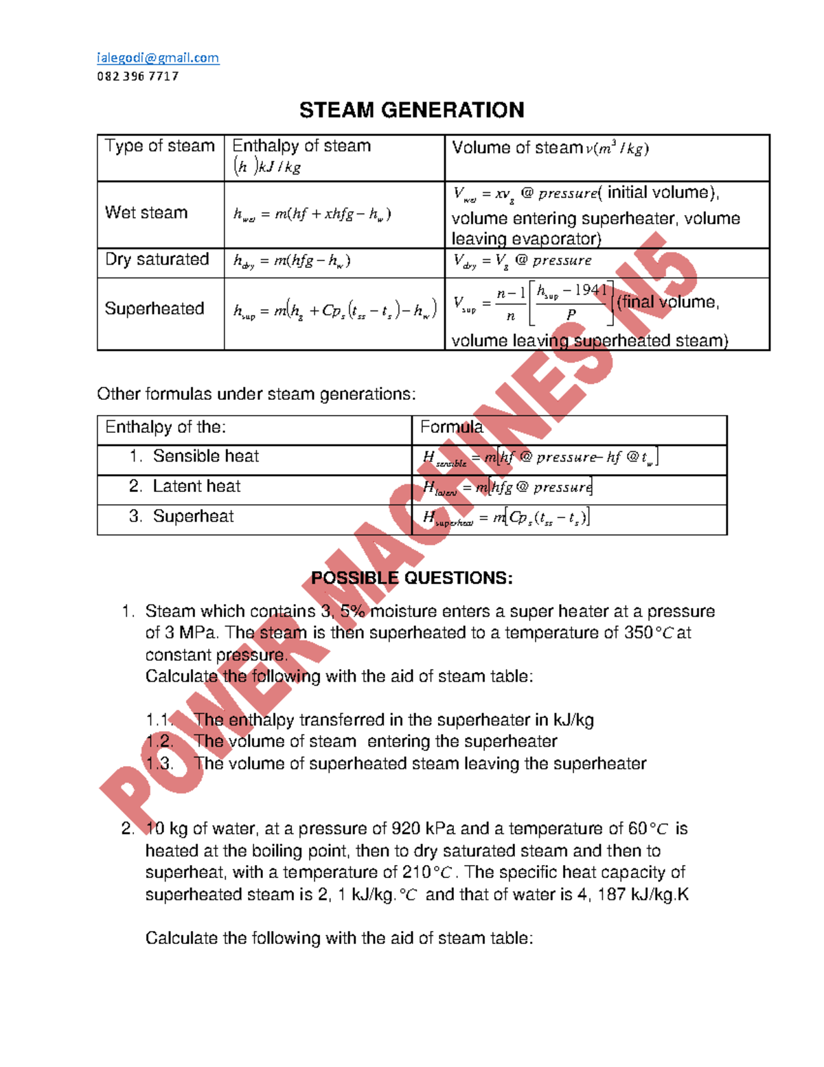 N5 Power Machines: Steam Generation Study Notes and Formulas - Studocu