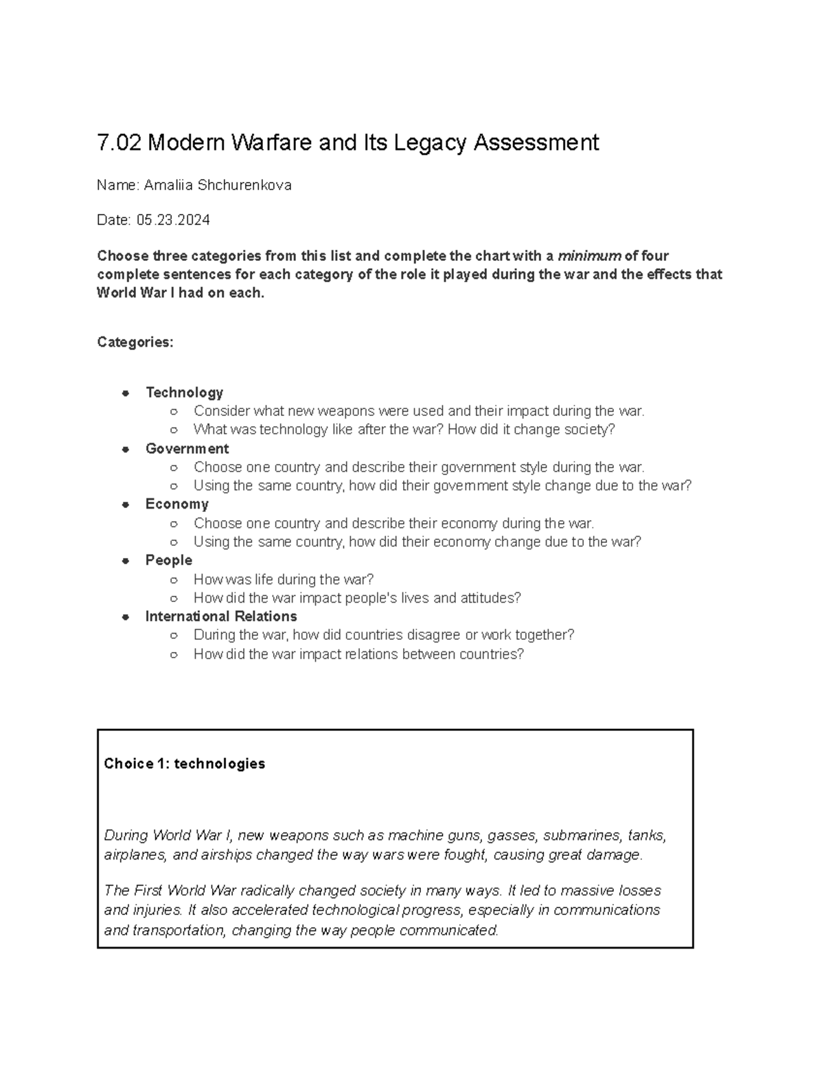 7.02 Final Assessment on Modern Warfare and Its Legacy - Studocu