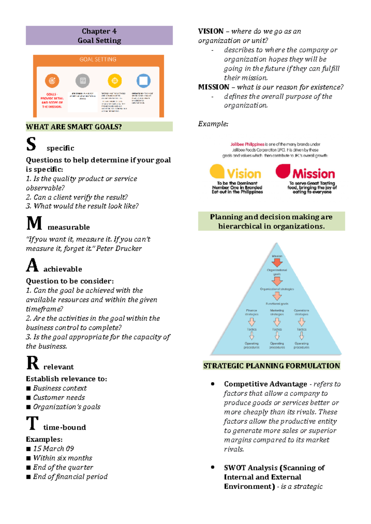 Chapter 4 Goal Setting - Chapter 4 Goal Setting WHAT ARE SMART GOALS? S ...