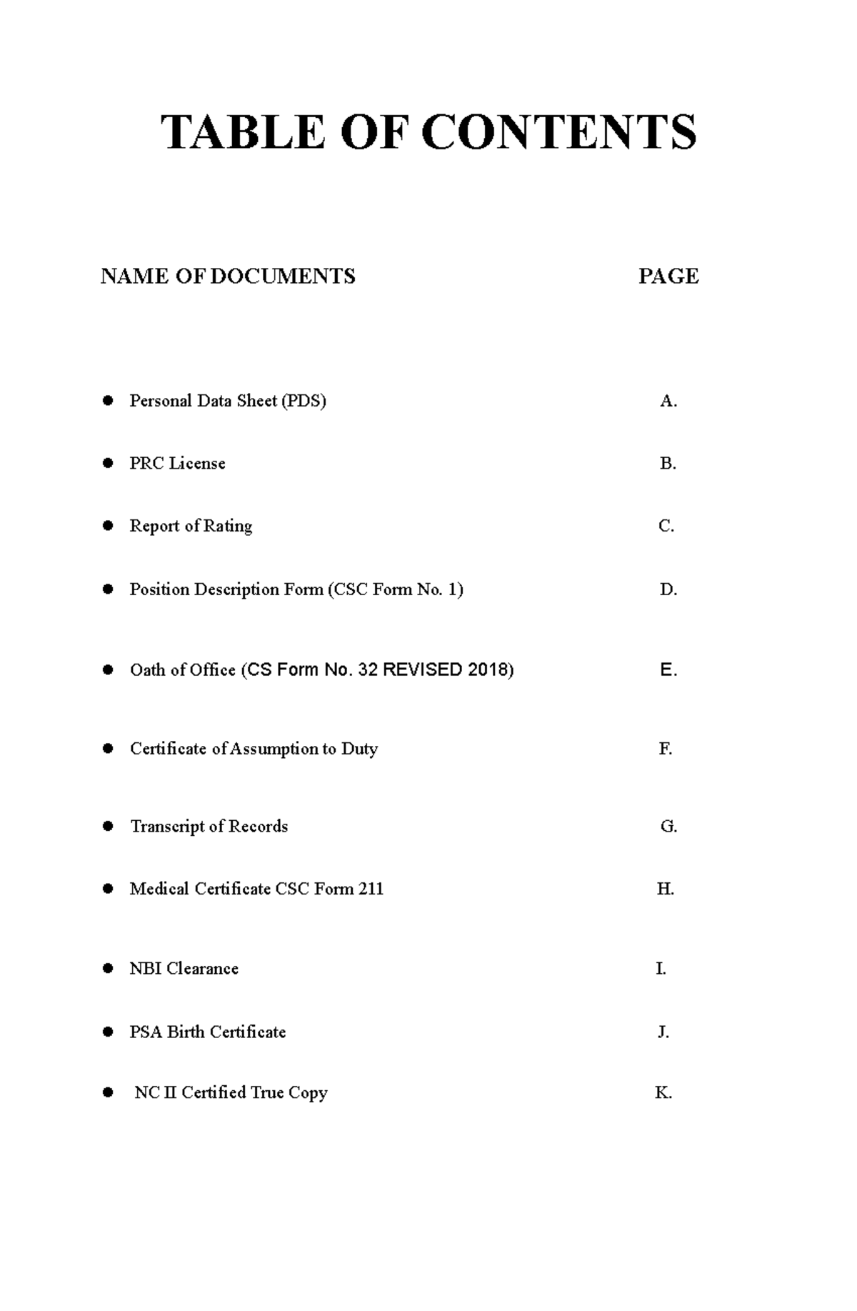 Table-OF- Contents - deped requirement - TABLE OF CONTENTS NAME OF ...