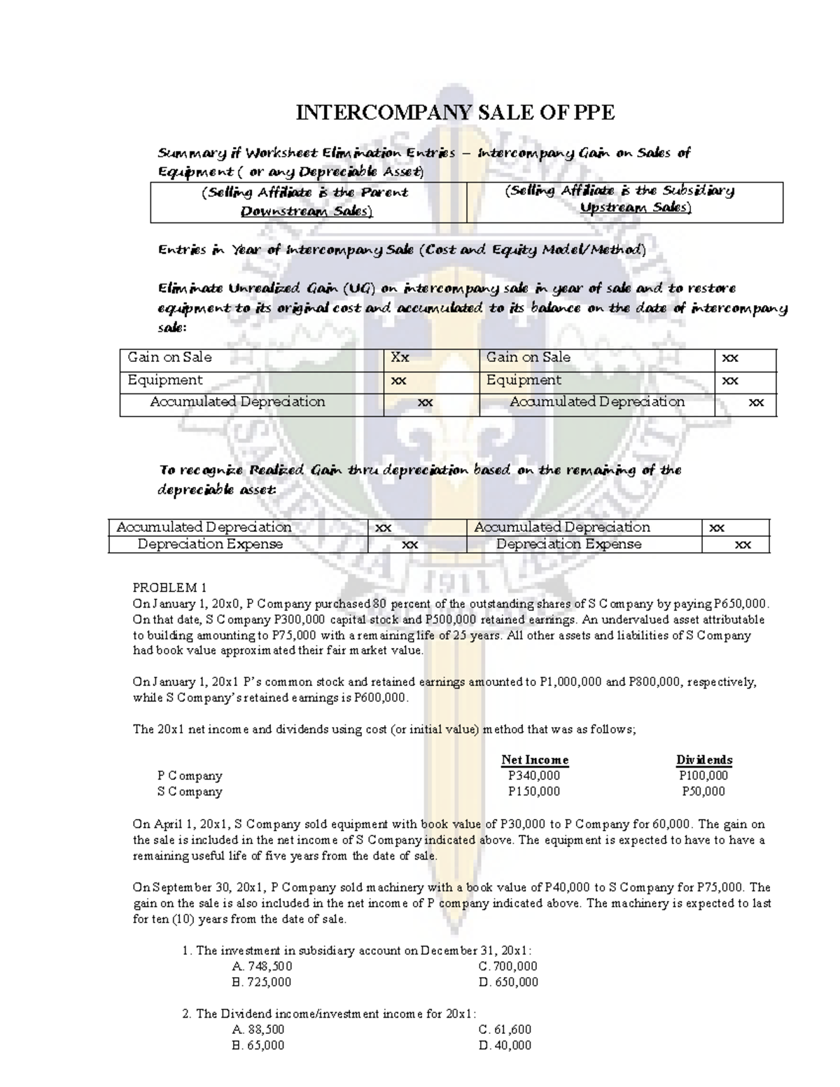 Intercompany Sale of PPE and Elimination Entries Analysis (PPE-1) - Studocu