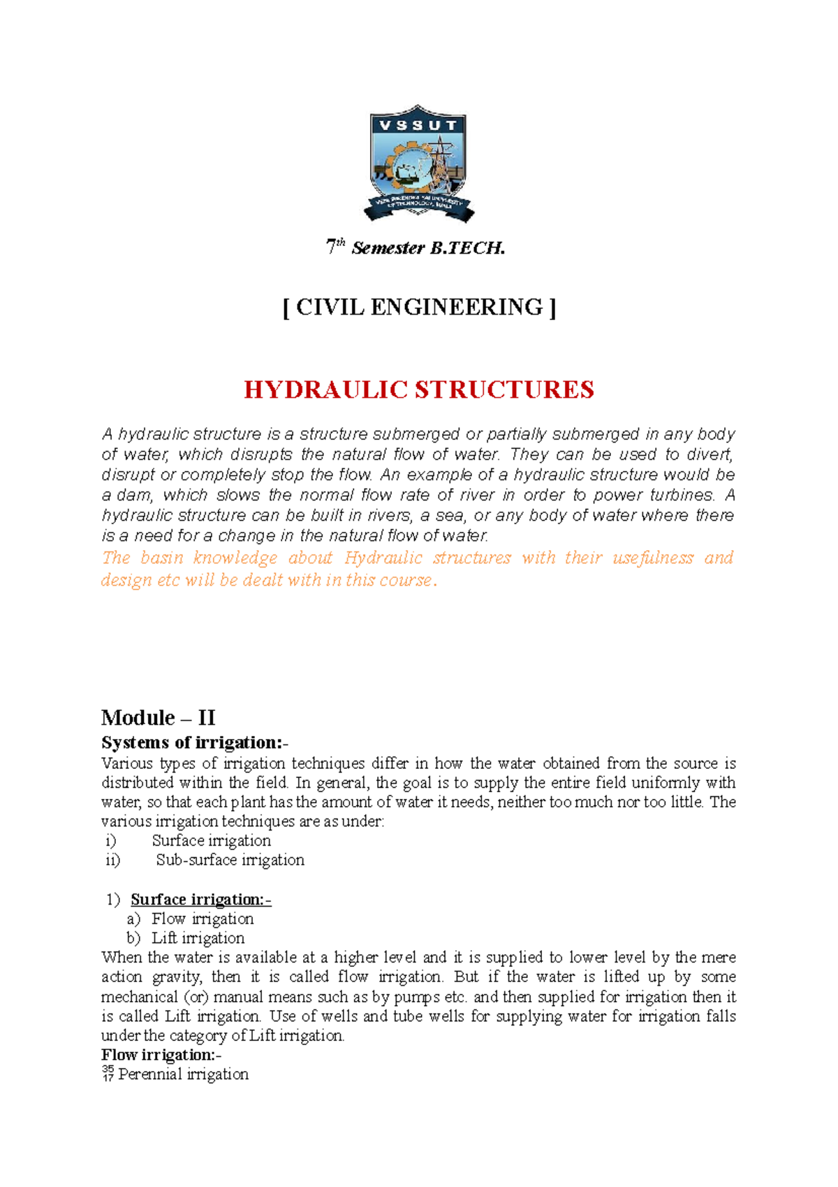 Lecture Notes for B.Tech 7th Sem: Hydraulic Structures Overview - Studocu