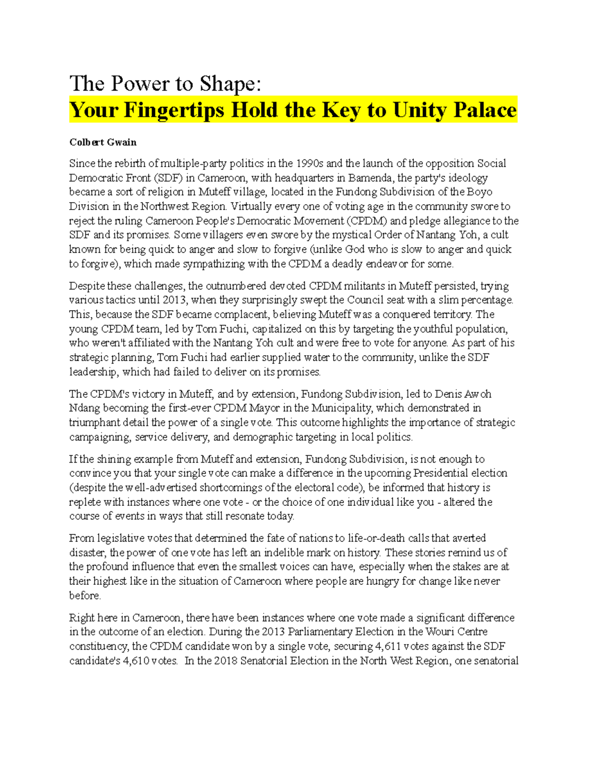 The Power of One Vote: Political Dynamics in Cameroon (POL 101) - Studocu