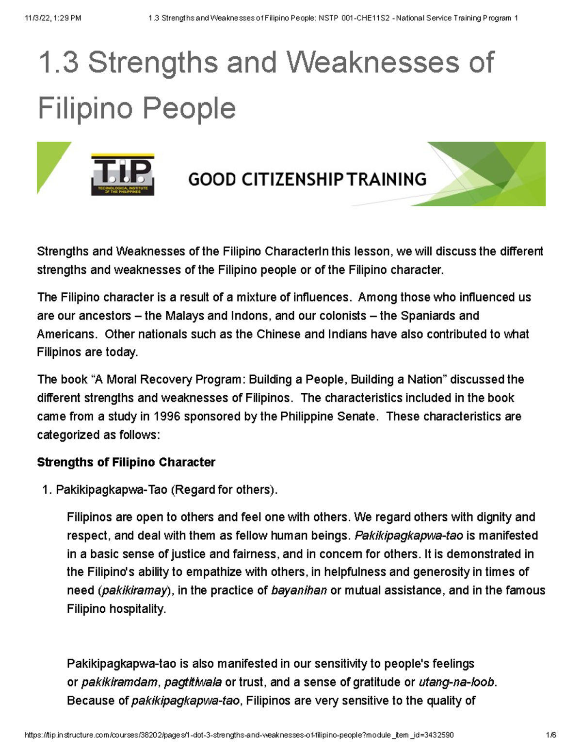 Strengths and Weaknesses of Filipino Character - NSTP 001-CHE11S2 - Studocu